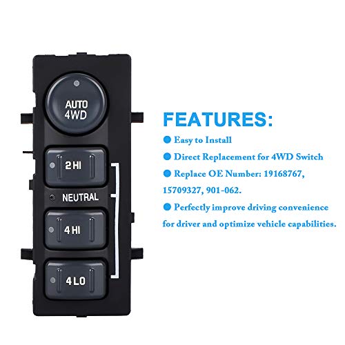 4WD Wheel Drive Switch 4x4 Transfer Case Selector Dash Switch for Chevrolet Silverado/Avalanche/Suburban 1999-2002, GMC Sierra/Yukon 1999-2002, Cadillac Escalade(EXT) 2002, Replace OE# 19168767