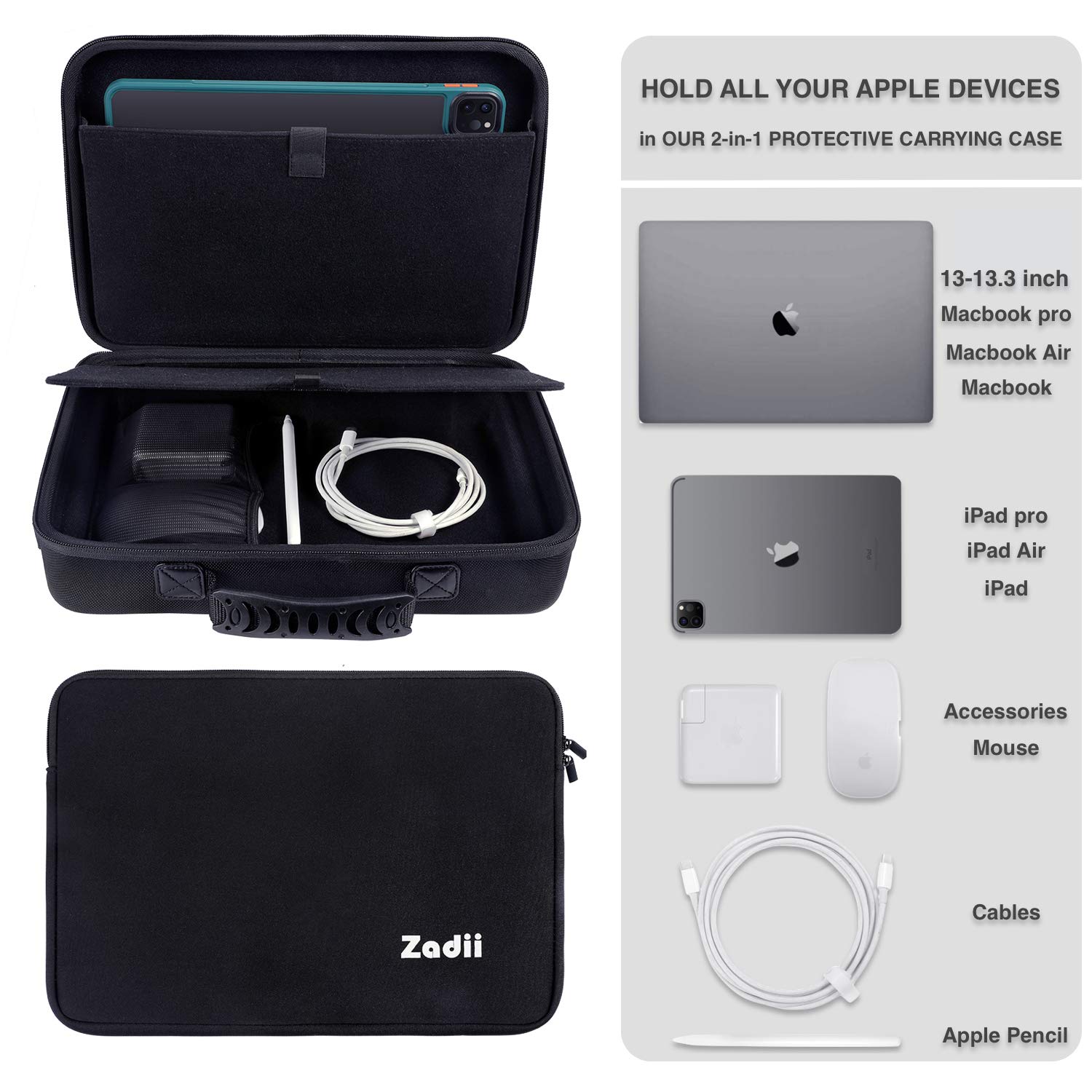 Zadii Hard Shell Locking Carrying Case for 12-14 inch Macbook Pro Macbook Air and iPad Pro, also Compatible with Surface Pro 8/X/7/6/5, Come with Protective Sleeve Bag