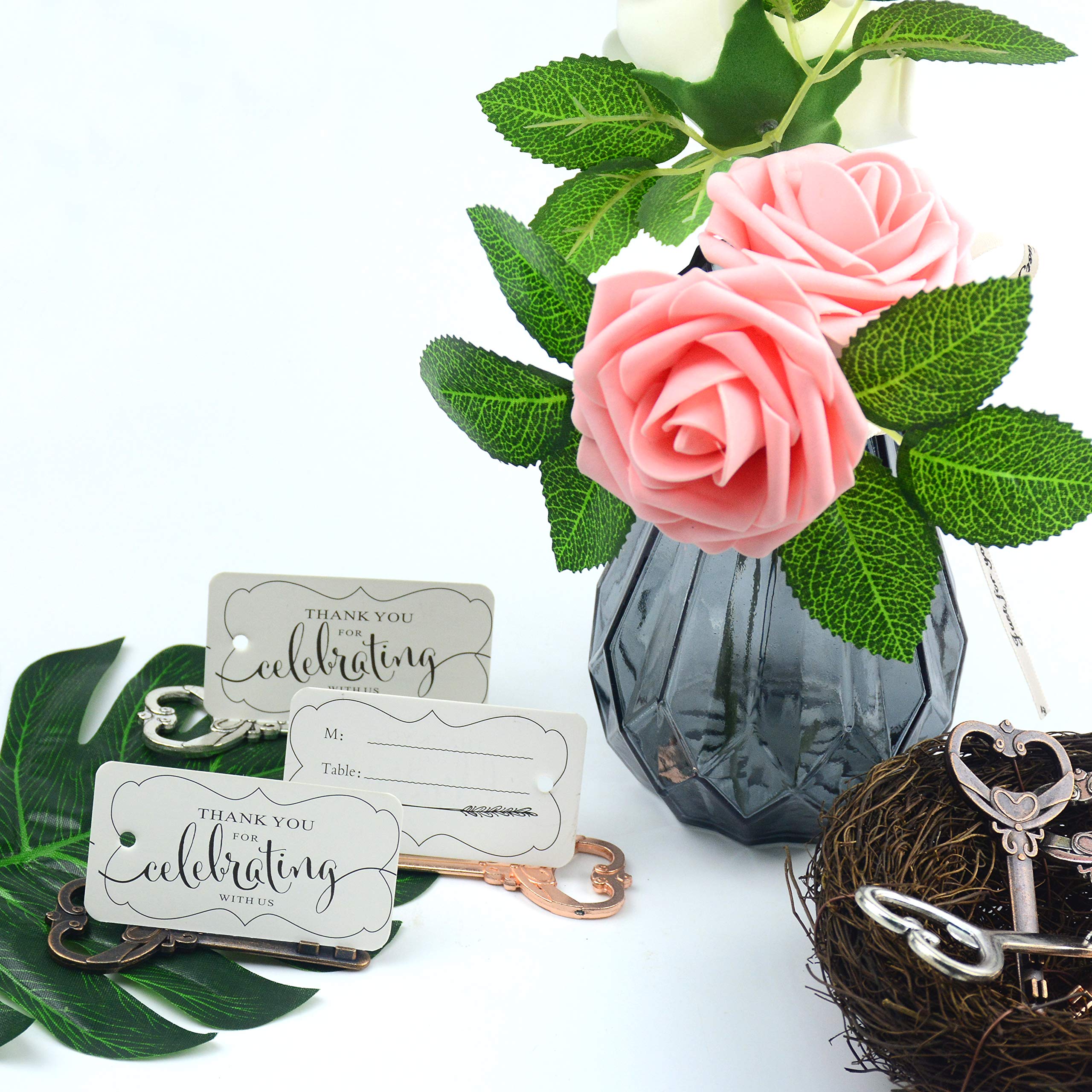 Aokbean 50pcs Skeleton Key Bottle Opener Place Card Holder for Weddings Table Name Cards for Guests Souvenirs with French Ribbon (Antique Silver)