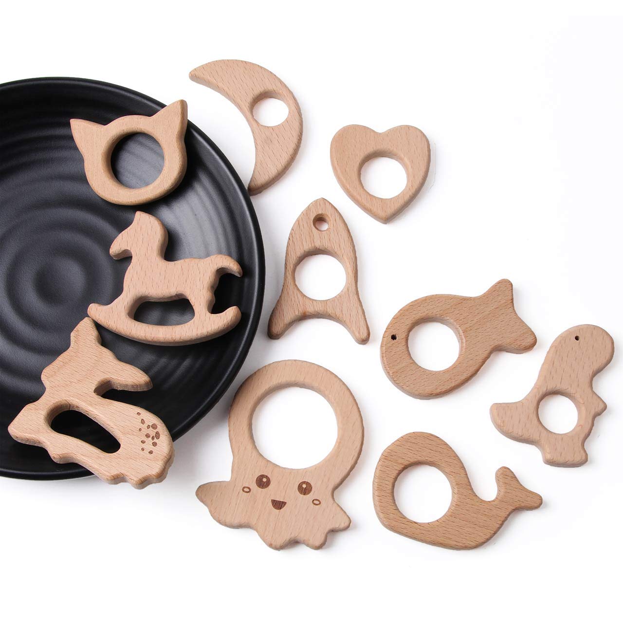 Baby Organic Wood Teether Set DIY Rattle Ring for Infant Gum Relief Grasping Toy Jewelry Holder, Rocket Heart Moon Jellyfish Hobbyhorse Bear Dinosaur Fish Deer Whale