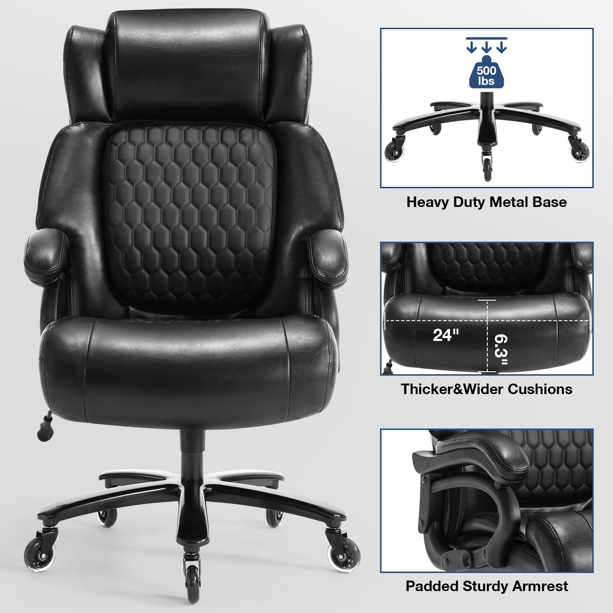 500lbs Big and Tall Office Chair Click2 Lumbar Support Ergonomic Executive Office Chair for Heavy People Wide Seat Home Office Desk Chair with Quiet Rubber Wheels Heavy Duty Metal Base Computer Chair