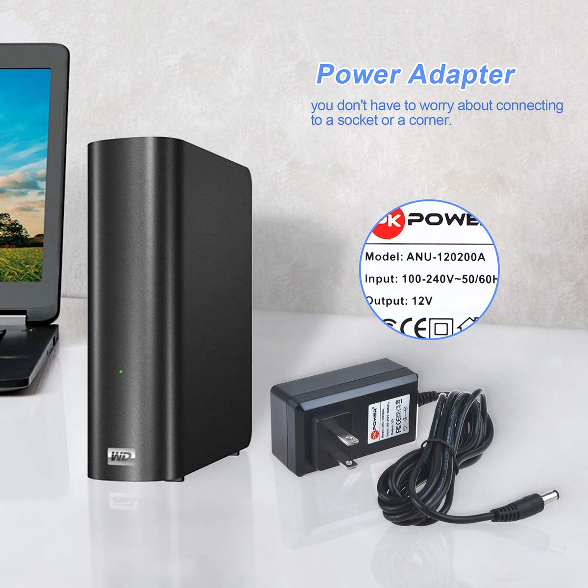 PK Power 12V AC Adapter for Hard Drive HDD 2TB 4TB 1TB 3TB My Book Essential External and More with 6.6FT Power Supply Cord