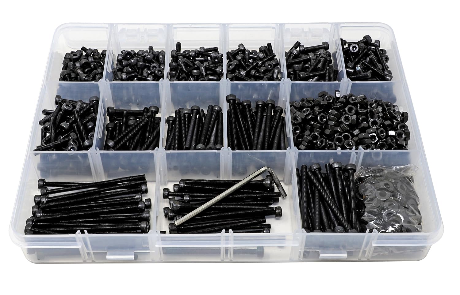 iexcell 1500 Pcs M3 x 4/6/8/10/12/16/20/25/30/35/40/45/50 Alloy Steel 12.9 Grade Hex Socket Head Cap Screws Bolts Nuts Washers Assortment Kit, Black Oxide Finish