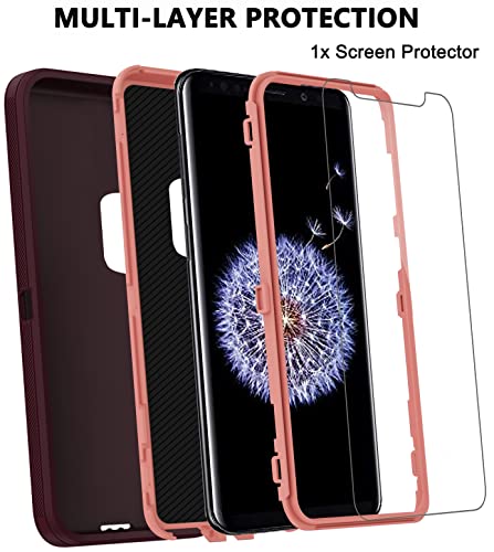 Annymall for Samsung Galaxy S9 Case with Screen Protector, Full Body Heavy Duty Shockproof Drop-Proof Phone Case Rugged Triple-Layer Defender Protective Cover for Samsung Galaxy S9 (Wine/Pink)