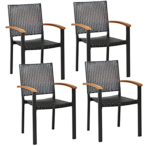 4PCS Outdoor PE Rattan Lounge Chairs Patio Dining Chair Stackable Leisure Chair Wicker Armchair Comfortable Armrest Ergonomic Backrest Perfect for Deck Backyard Balcony Garden Poolside Use