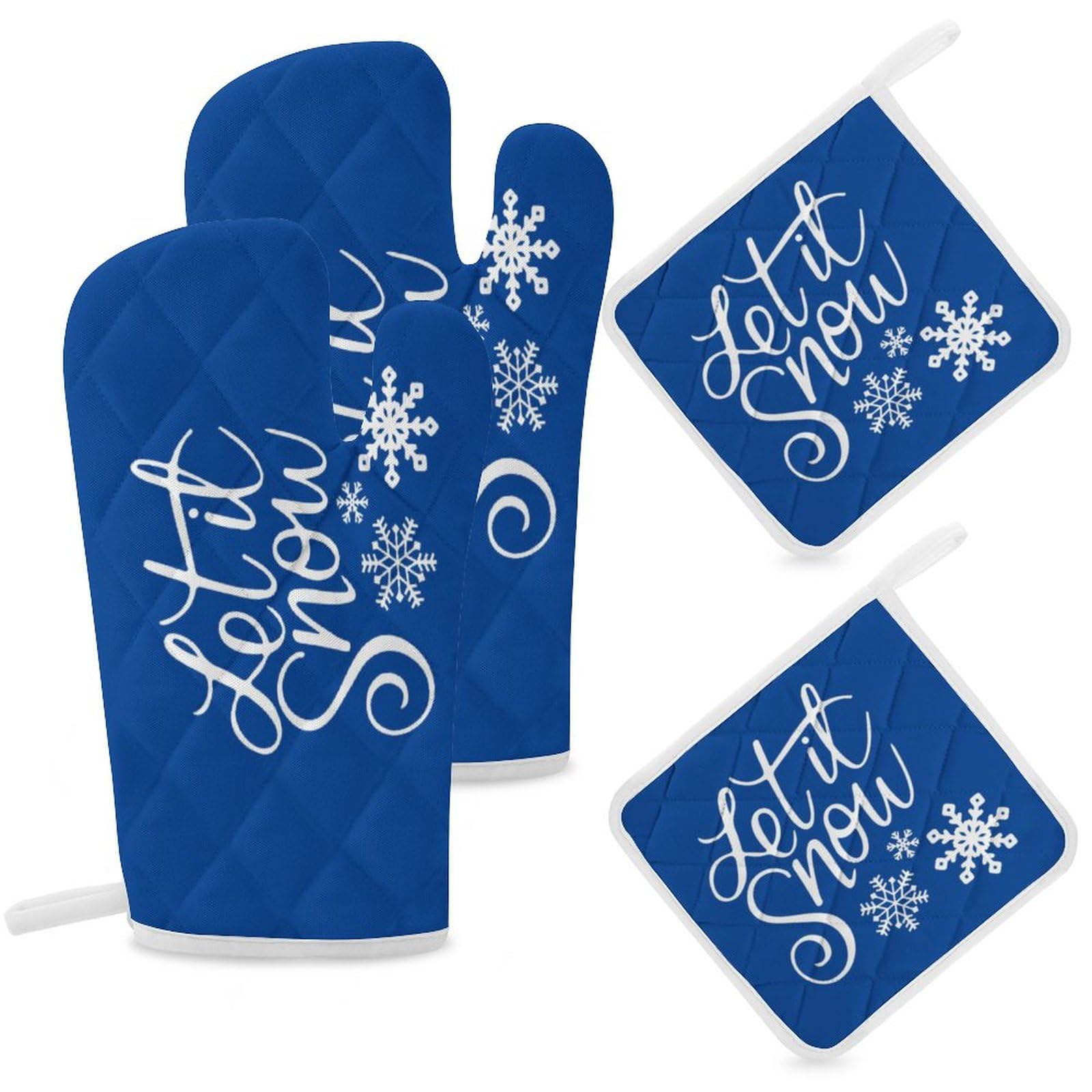 4PCS Oven Mitts and Pot Holders Sets, Blue and White Christmas Snowflake Oven Mitts Set Heat Resistant Kitchen Microwave Gloves Safe for Baking,Cooking, BBQ