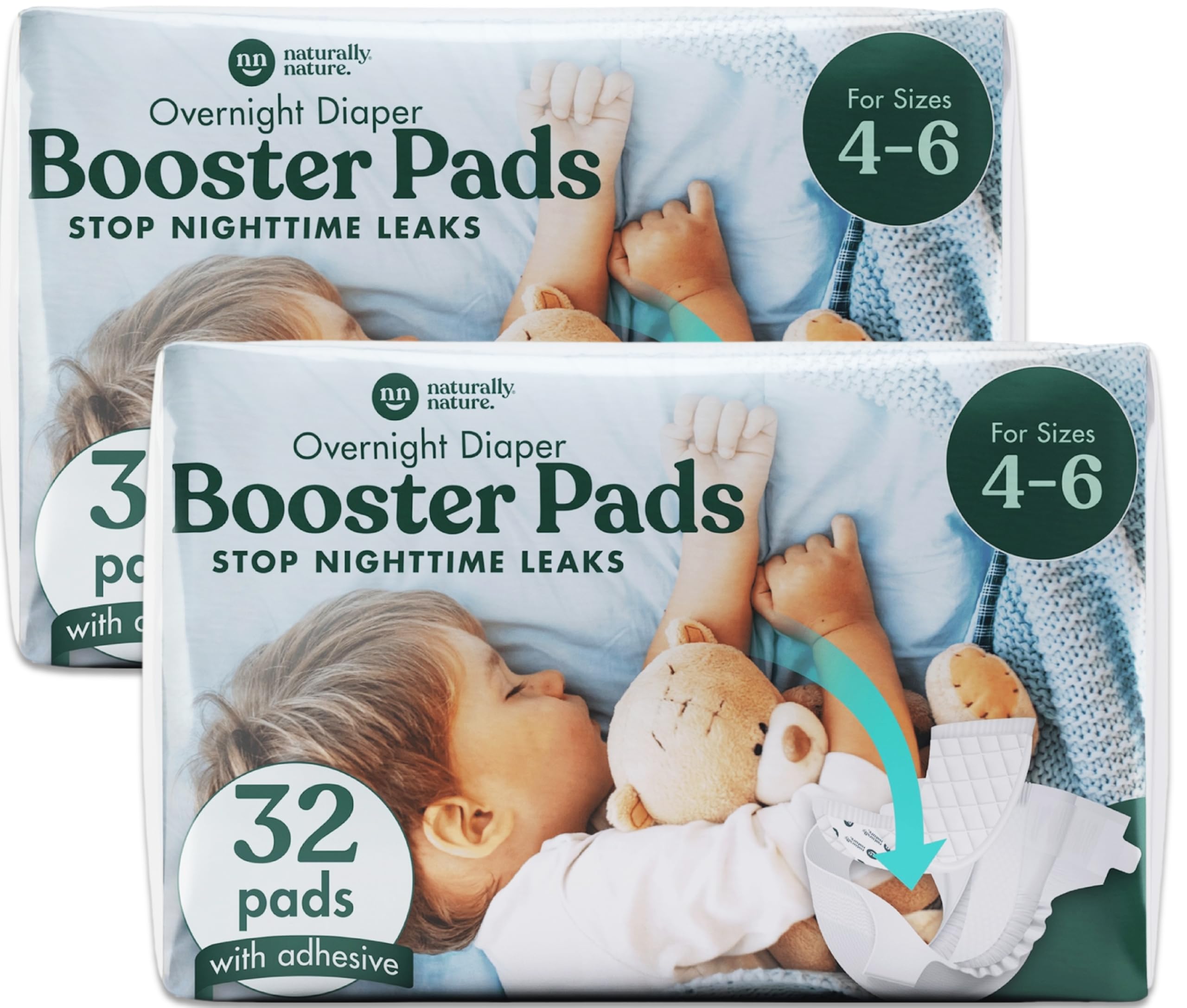 Naturally Nature Overnight Diaper Booster Pads, Stops Leaks, Diaper Liners for Toddlers, Adhesive Pads for Girls & Boys, 64 ct. (2 Packs of 32)