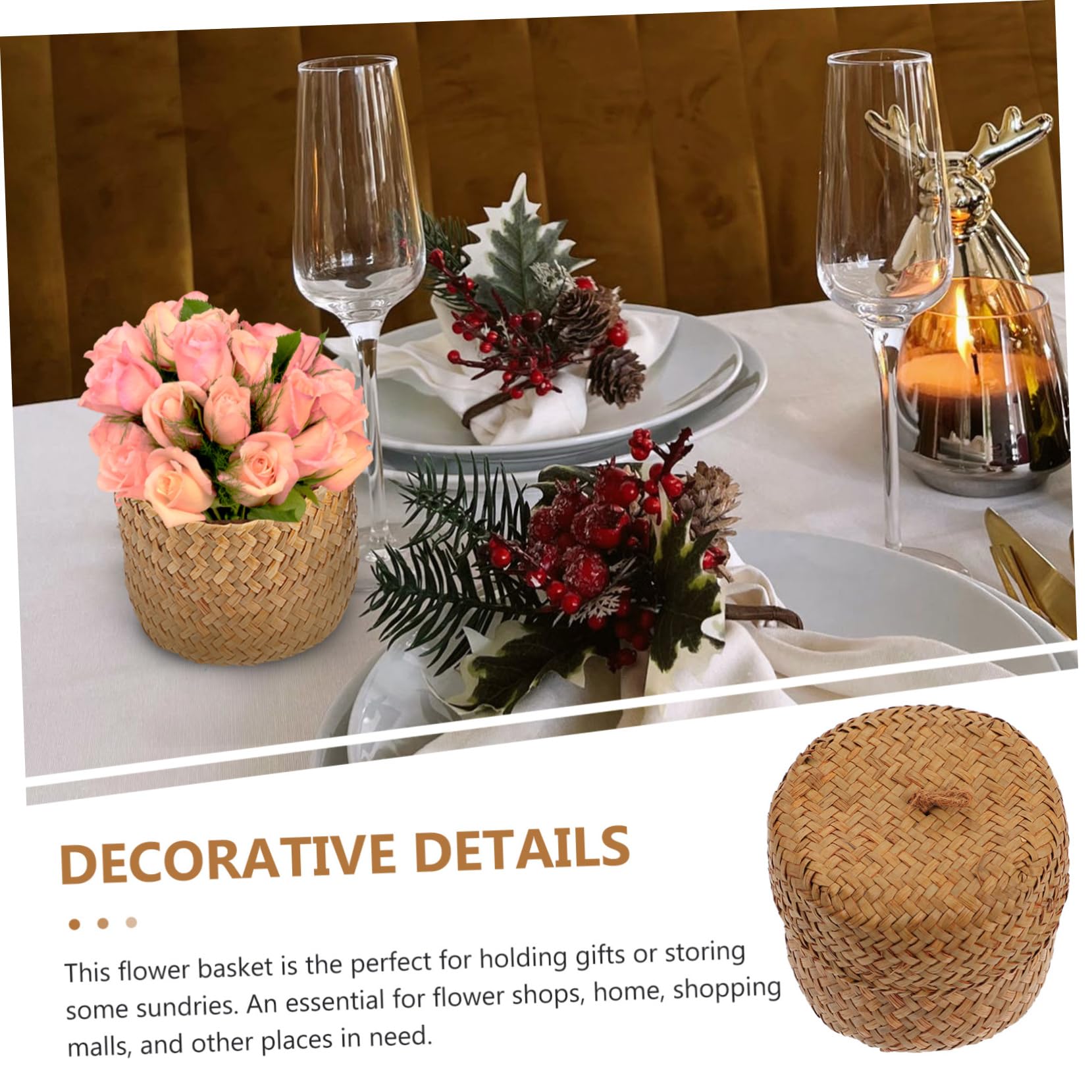 Ciieeo Flower Basket Mini Planters Circle Tray Decor Handmade Woven Basket Wicker Desktop Decor Kids Storage Bin Tabletop Decor Wedding Decor Seagrass Flower Pot Shelf Seaweed Child Round