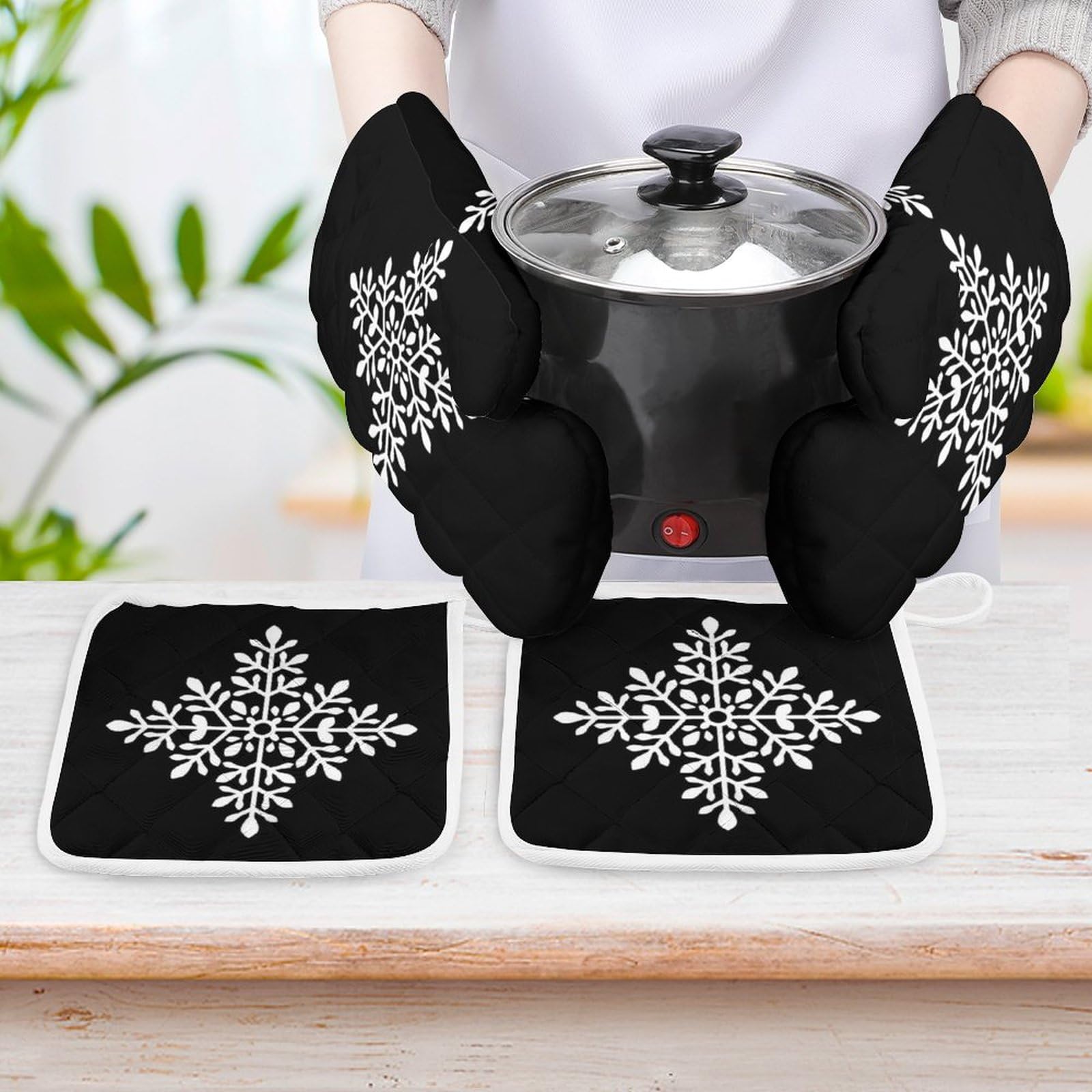 4PCS Oven Mitts and Pot Holders Sets, White Christmas Snowflake Black Oven Mitts Set Heat Resistant Kitchen Microwave Gloves Safe for Baking,Cooking, BBQ