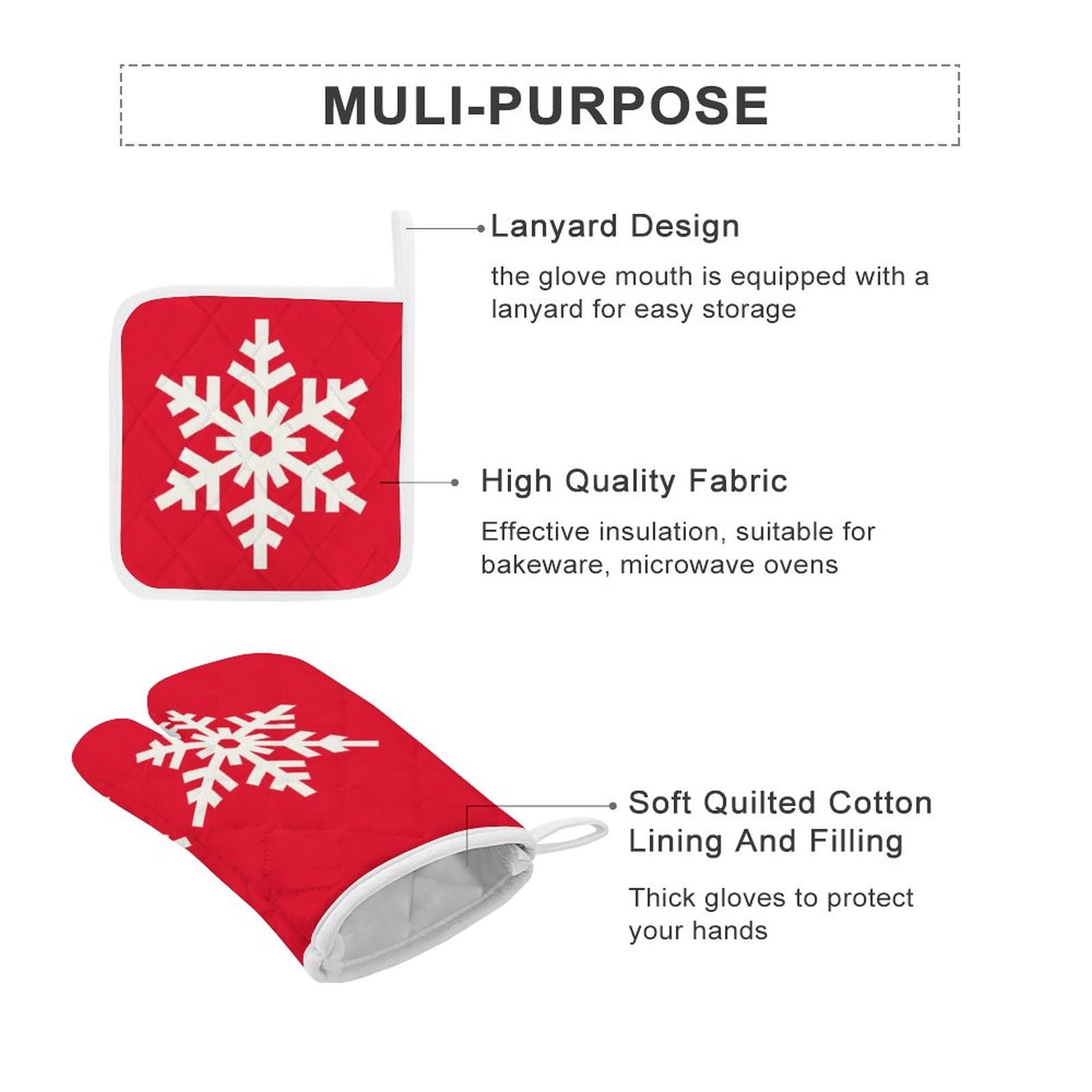 4PCS Oven Mitts and Pot Holders Sets, Red and White Snowflakes Oven Mitts Set Heat Resistant Kitchen Microwave Gloves Safe for Baking,Cooking, BBQ