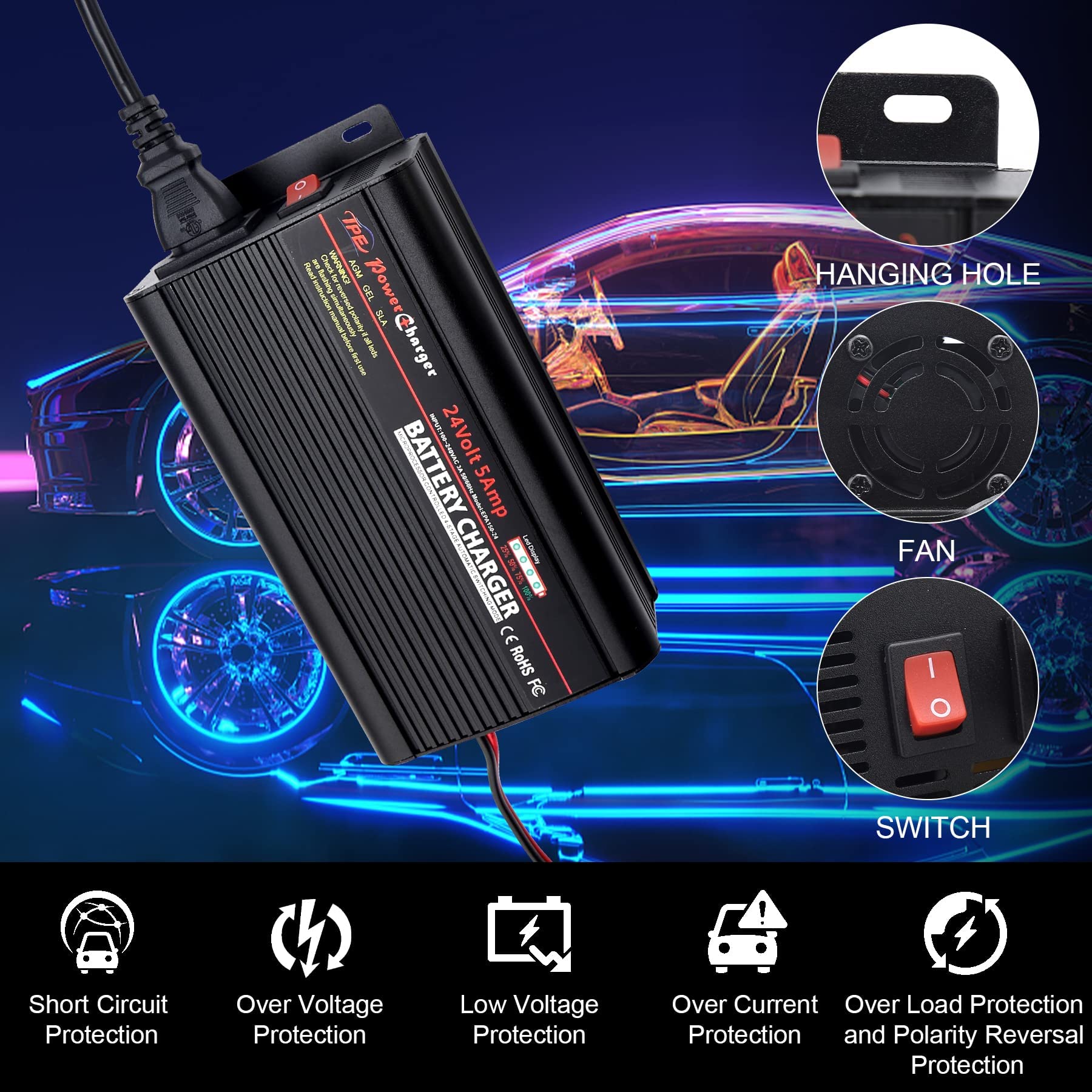 24V 5Amp Smart Automatic Battery Charger, Portable Battery Maintainer with XLR Connector for Car Boat Lawn Mower Marine Wheelchair Motorcycle eBike BLACK