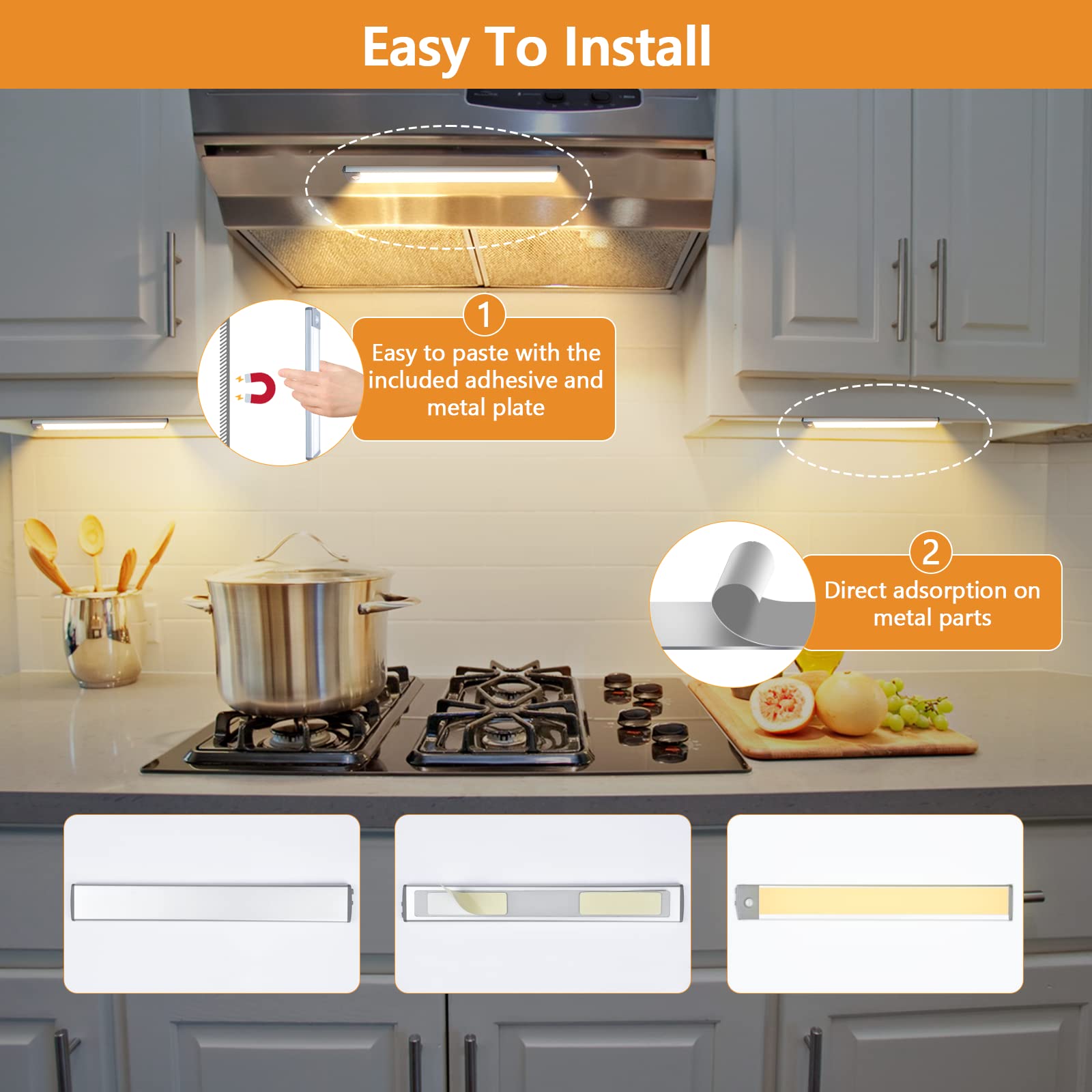 60 LED Dimmable Under Cabinet Lights 2 Packs, 3 Color Temps 2500mAh Rechargeable Motion Sensor Light, Indoor Wireless Magnetic Closet Lights, Night Lights for Kitchen Bedroom Stair Pantry Wardrobe