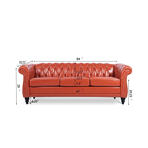 QHITTY Accent Large Sofa, Chesterfield Couch 3 Seater Modern Leather Couch Upholstered Sofa with Tufted Back for Living Room Furniture (Orange)