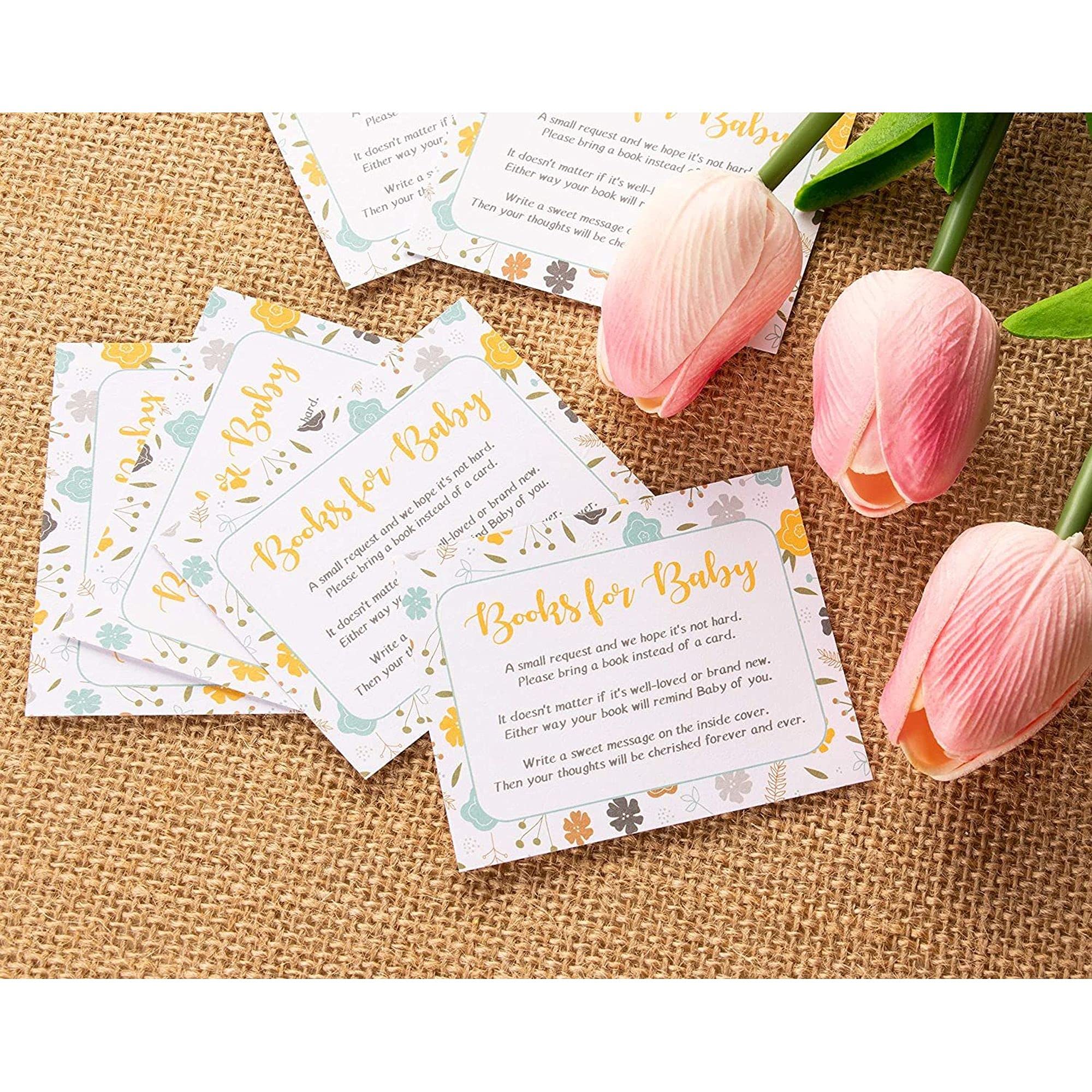 Books for Baby Request Cards - 60-Pack Baby Shower Invitation Insert Card Party Supplies, Gender Reveal Gift Request Card, Unisex Floral Design, 3 x 2.5 Inches
