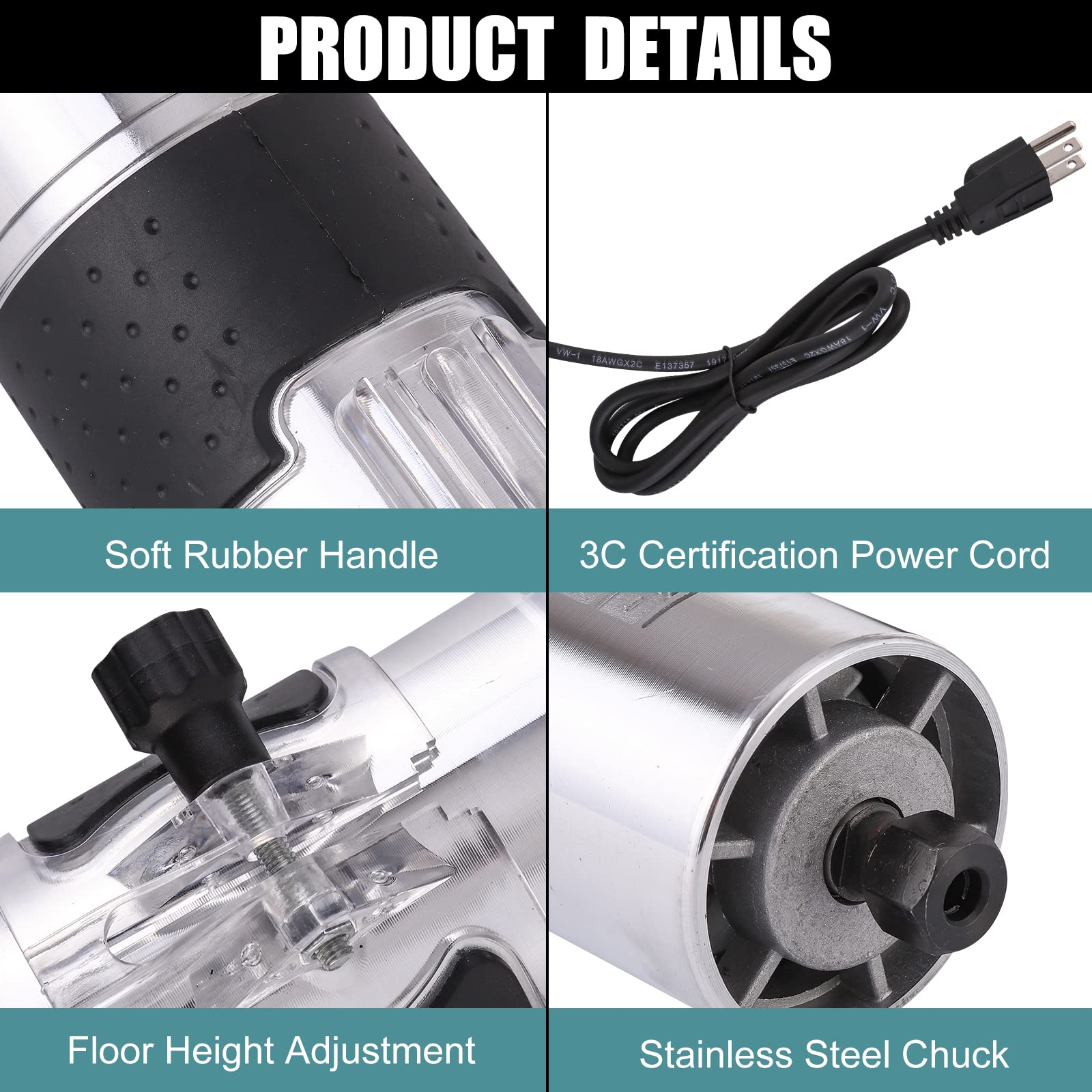 AKYPACH Wood Router Tool Electric Hand Trimmer Laminate Milling Engraving Hand Machine Joiner 110V 800W with 15pcs Trim Router Bits Slotting Carving 1/4" Collets Woodworking Tool