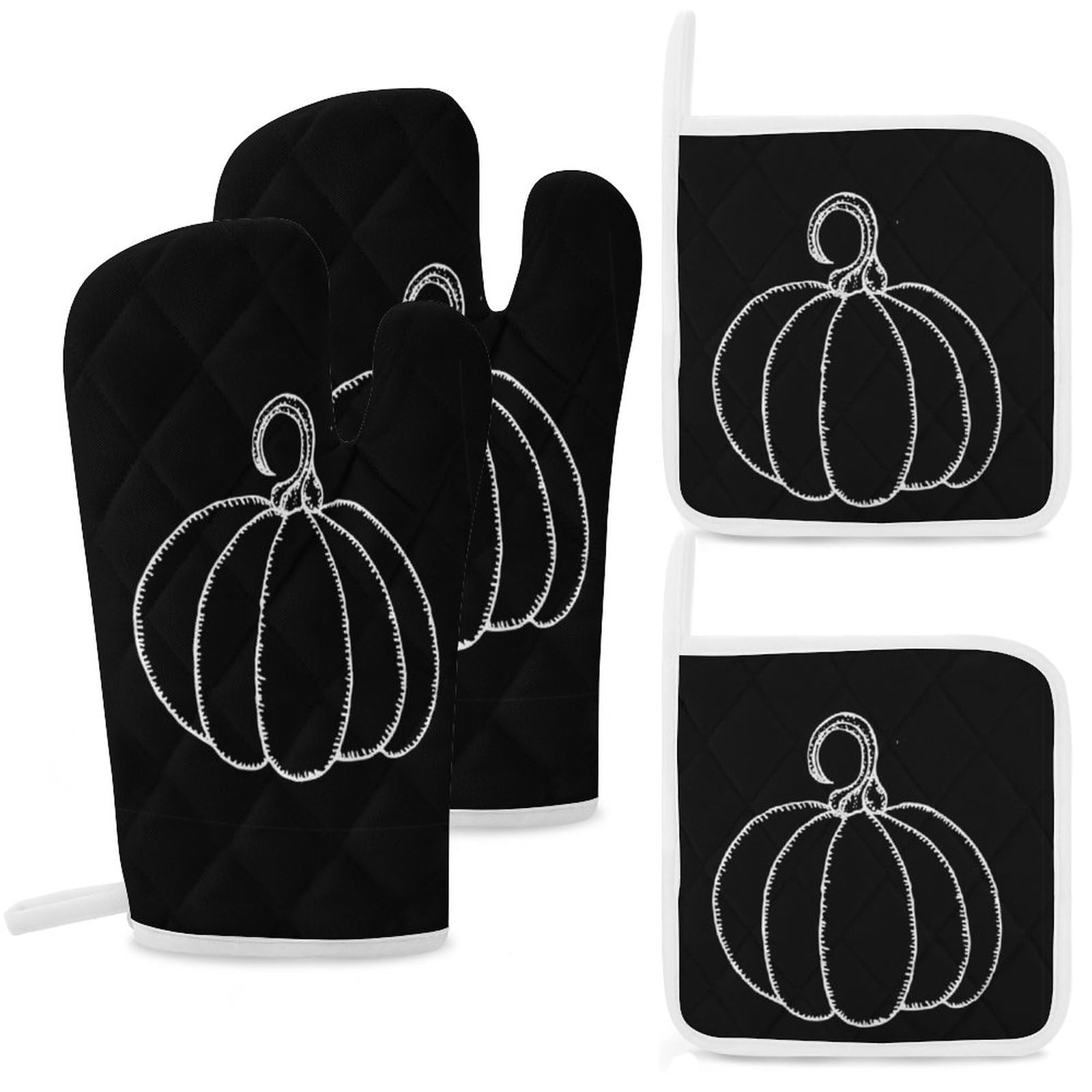 4PCS Oven Mitts and Pot Holders Sets, Happy Halloween Pumpkin Black Oven Mitts Set Heat Resistant Kitchen Microwave Gloves Safe for Baking,Cooking, BBQ