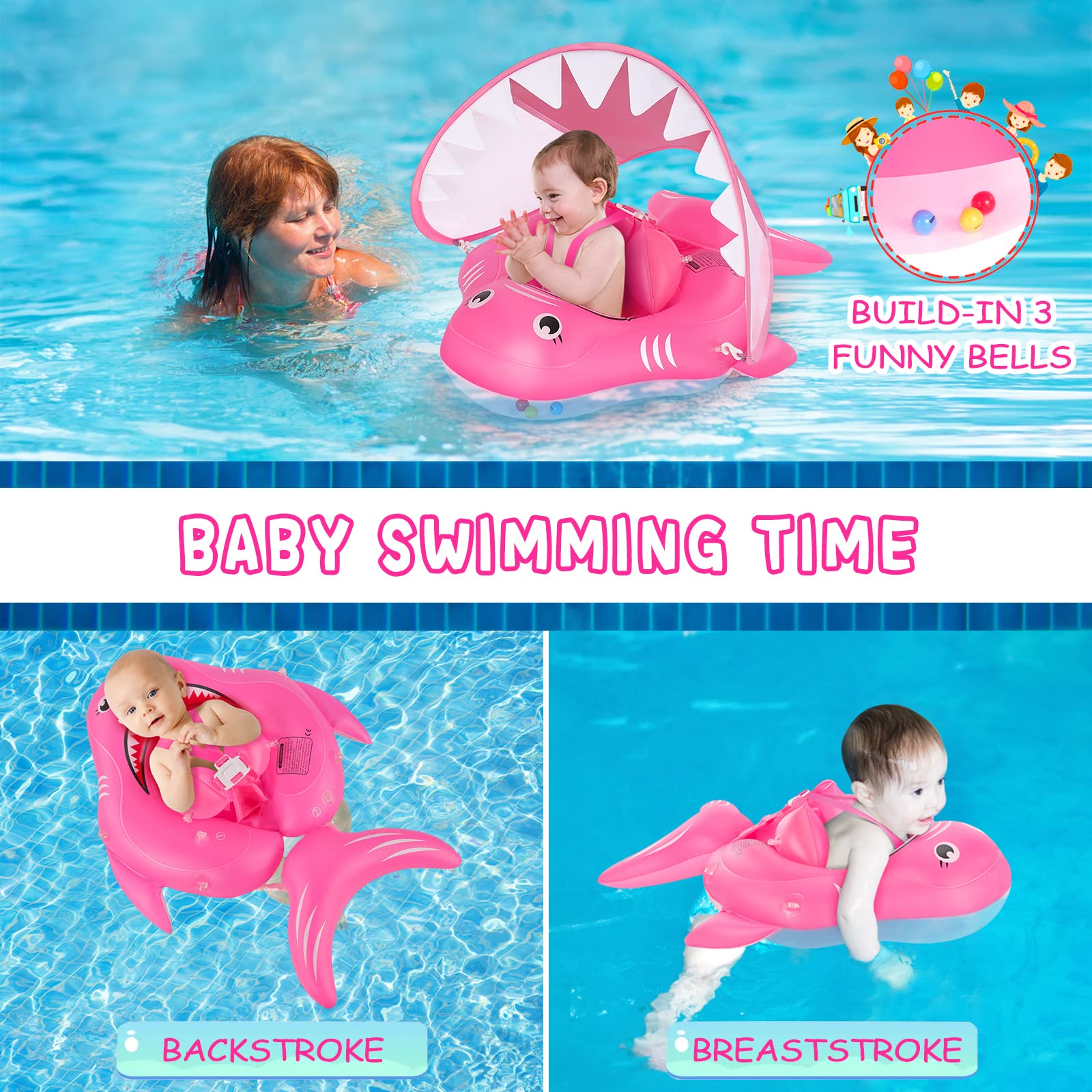 Baby Pool Float, Infant Swimming Float with Sun Protection Canopy Inflatable Floaties for Toddlers Shark Baby Swim Floats Ring for Pool Bath Toys for Newborn 3-36 Months