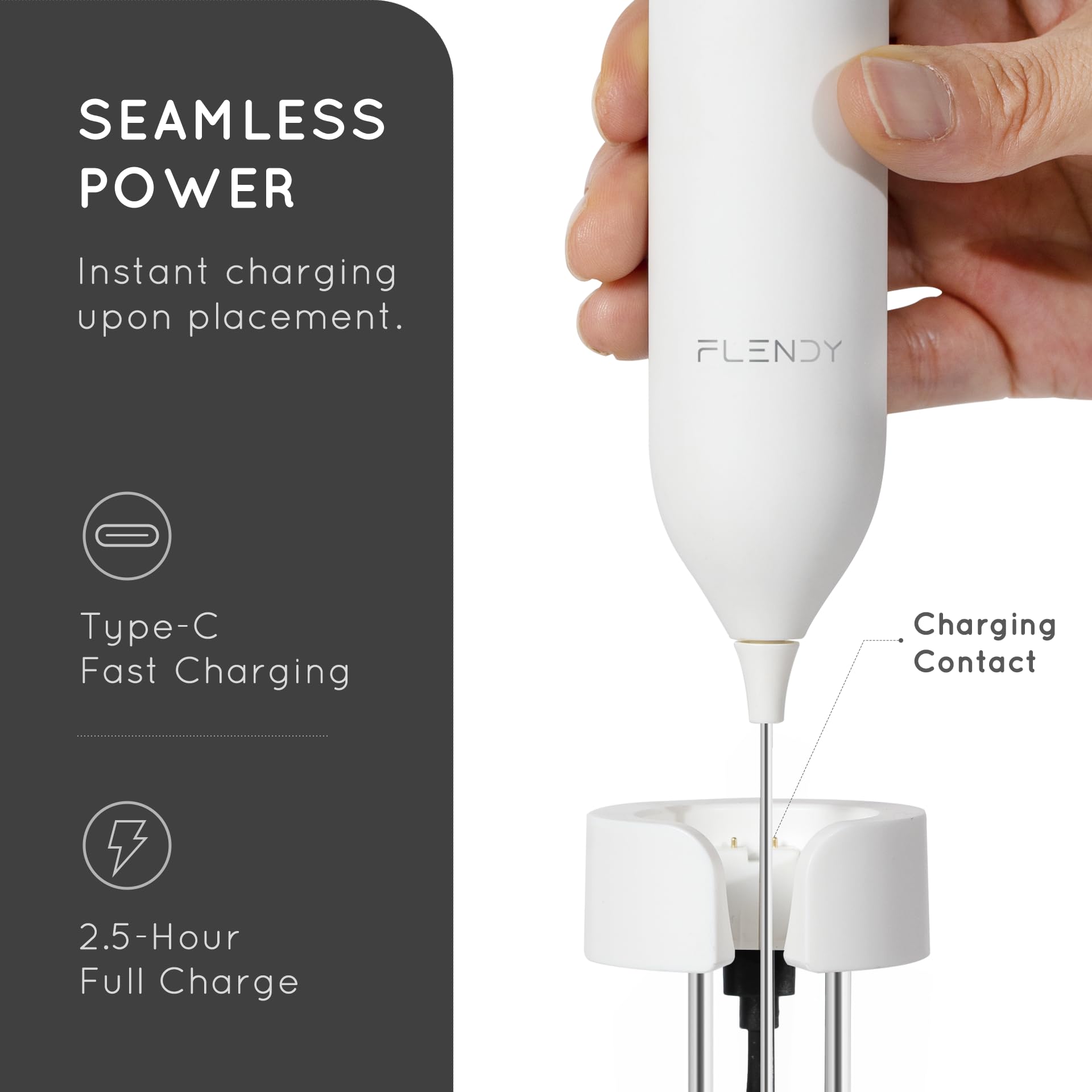 Flendy Rechargeable Milk Frother Handheld, Coffee Frother Handheld with USB-C Charging Stand, Electric Drink Mixer Handheld, Mini Electric Whisk Frother for Coffee, Matcha, etc