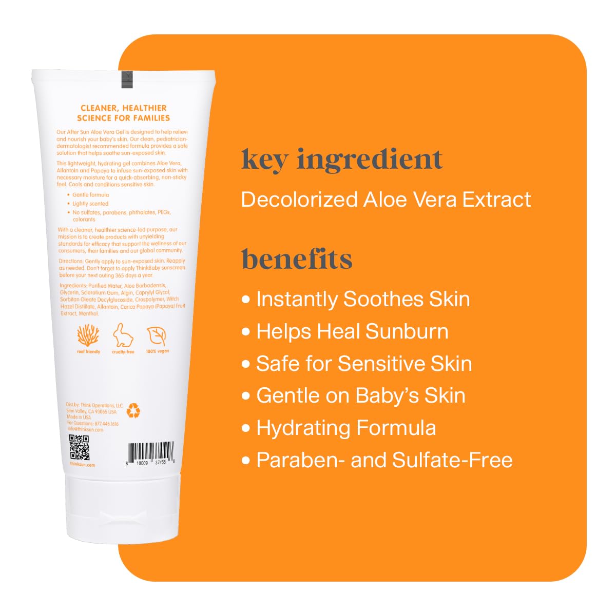 THINK Thinkbaby Aloe Vera Gel, After Sun Relief, 8 Fl Oz, EWG Verified Natural After Sun Skincare for Face & Body - Hydrating, Soothing & Moisturizing Sunburn Solution for Babies & Toddlers