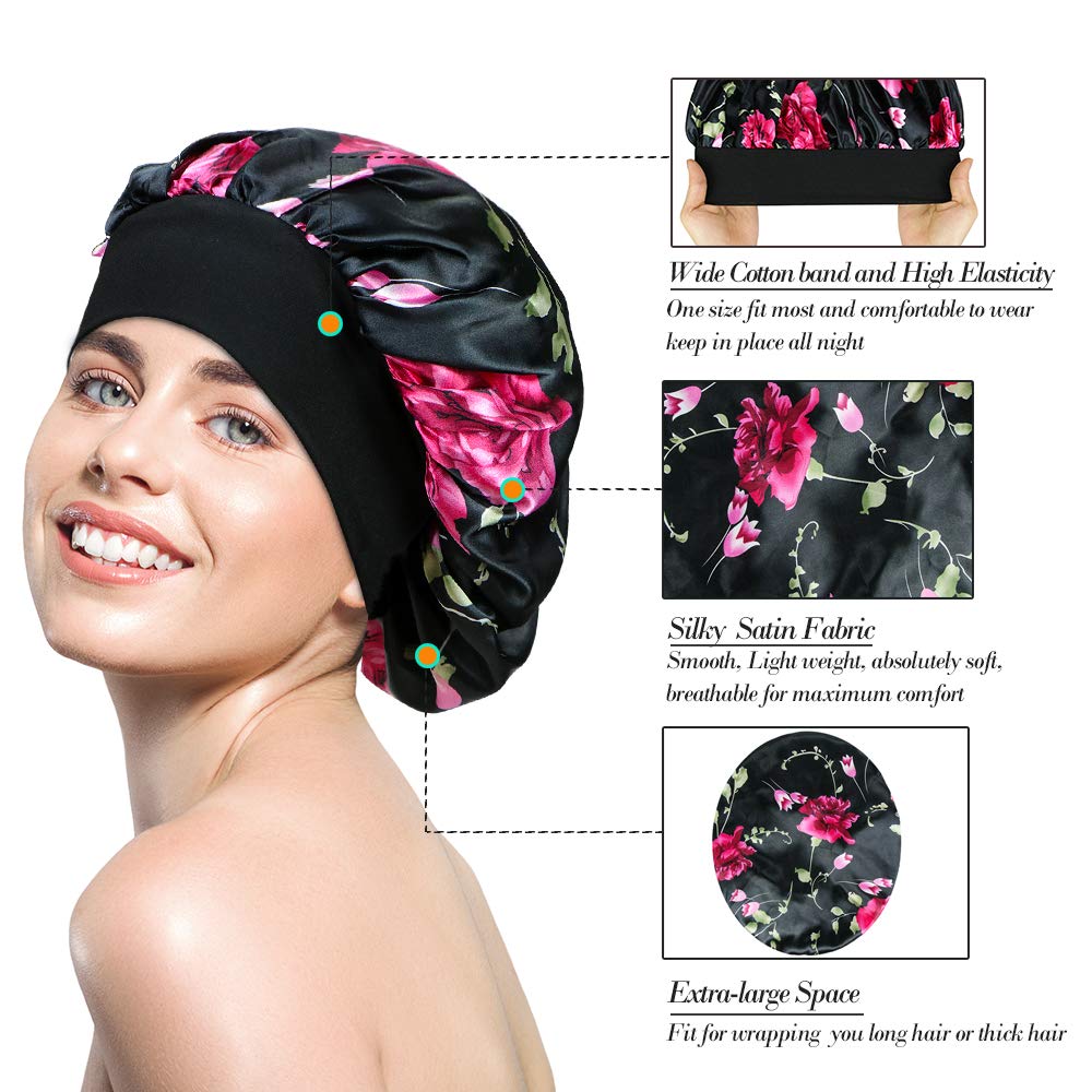 4 Pieces Wide Elastic Band Satin Sleep Bonnet Soft Night Sleeping Cap for Women Haircare