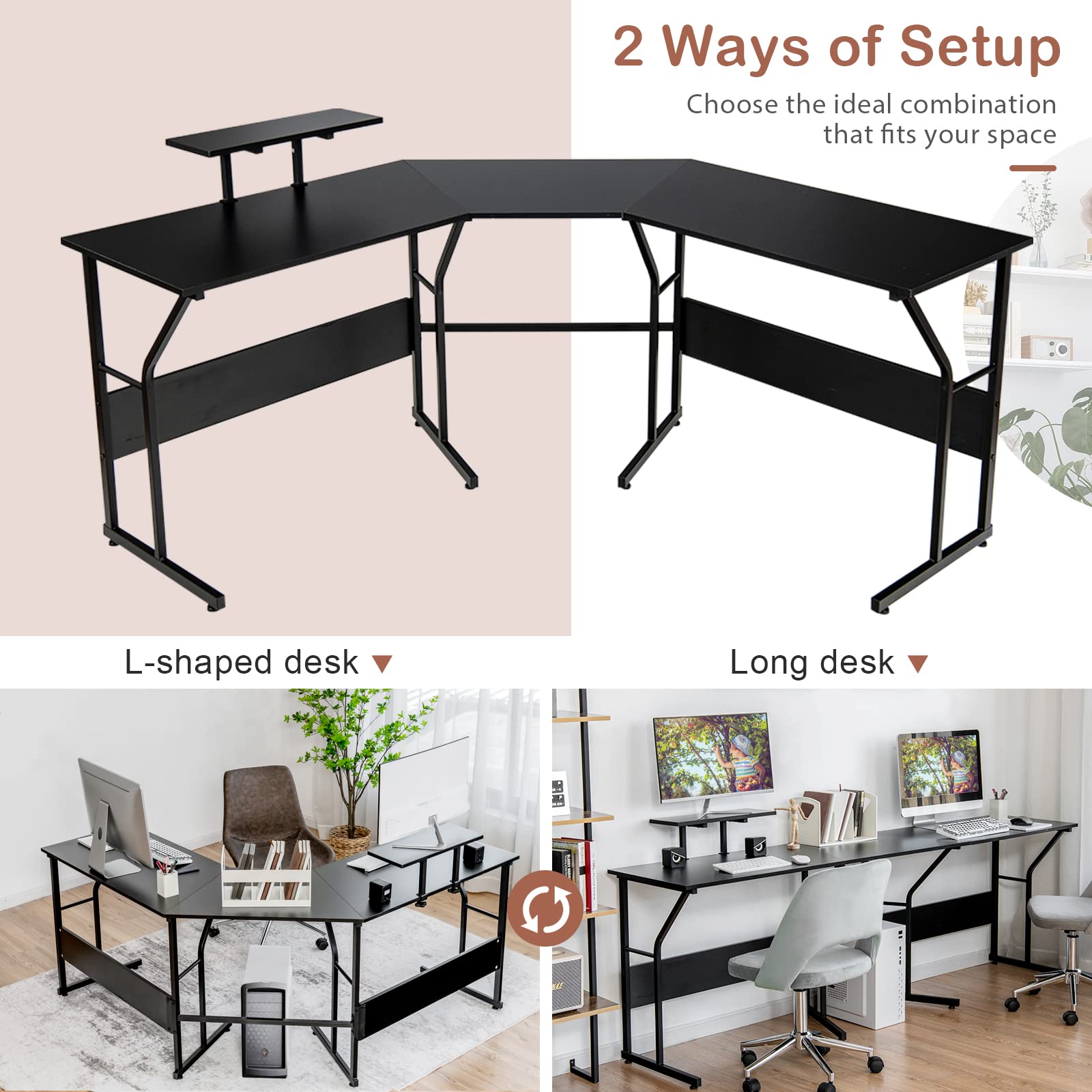 Tangkula L-Shaped Reversible Computer Desk, 2 Person Long Computer Workstation w/Movable Monitor Stand, Large Home Office Corner Desk for Working Writing Gaming (Natural)