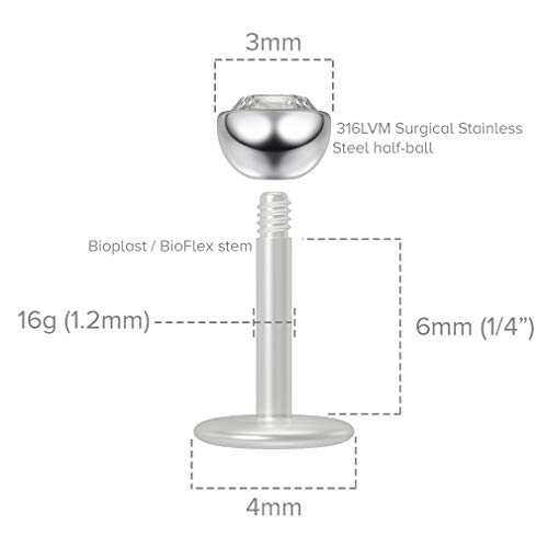 2pc 16g Cubic Zirconia CZ Bioplast Labret Flexible Lip Stud Clear BioFlex Hypoallergenic Jewelry 8mm