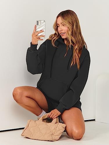 ANRABESS Women 2 Piece Outfits Sweatsuit Set 2023 Fall Two Piece Short Sweat Set Oversized Hoodie Sweatshirt Casual Tracksuit Casual Lounge Matching Set 1048heise-M