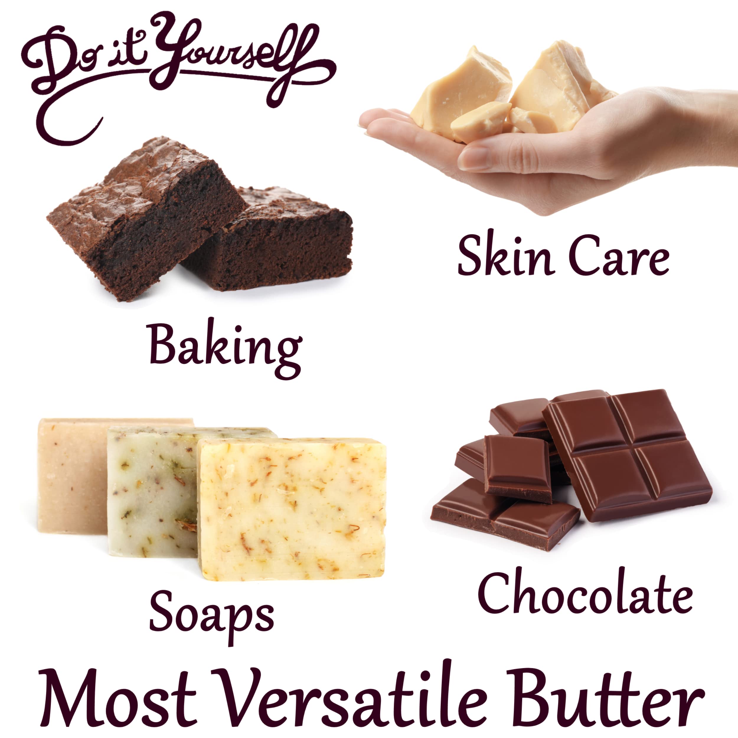 Raw Cocoa Butter 5 lbs. Bulk - 100% Pure Natural Unrefined FOOD GRADE Arriba Nacional Cacao Bean, Great For Chocolate Making, Soap, Lip Balm and Moisturizer For DIY Body Butters