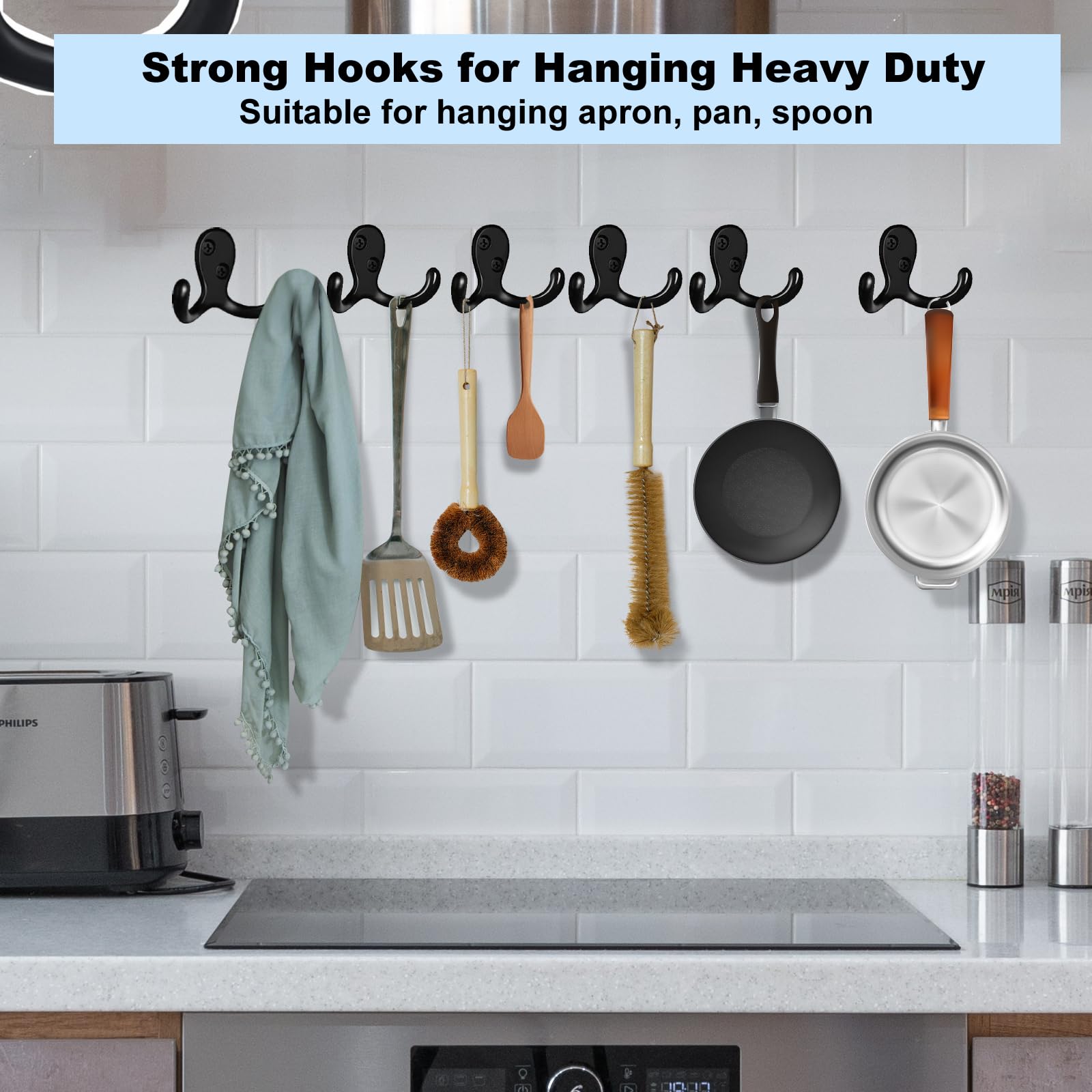 Kruodop 4 Pack Wall Hooks Wall Mounted Coat Hooks for Hanging Heavy Duty, Black Towel Hooks, Metal Double Coat Hanger with Screws Cup Retro for Coats, Handbags, Towels, Hat