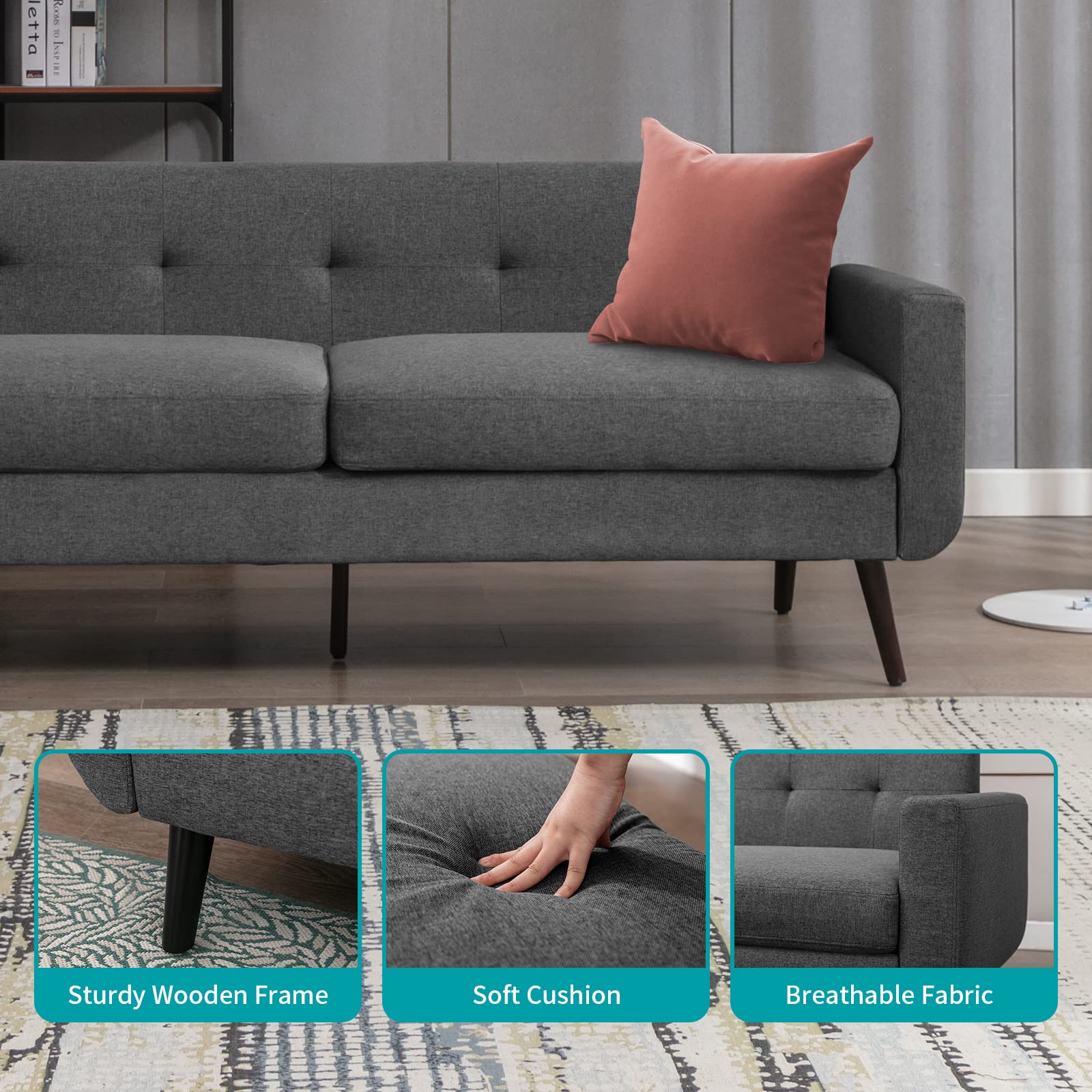 BALUS 80" W Sofa Couch, Upholstered Modern Couch Oversized Loveseat Button Tufted with Thickened Cushion, Mid Century Furniture for Living Room/Bedroom/Apartment Office, Easy Assembly