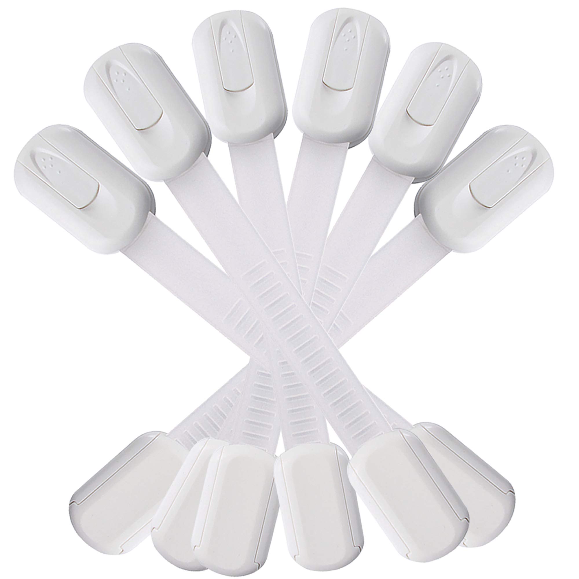6 Pack Vmaisi Multi-Use Adhesive Straps Locks - Childproofing Baby Proofing Cabinet Latches for Drawers, Fridge, Dishwasher, Toilet Seat, Cupboard, Oven,Trash Can, No Drilling (White) (6)