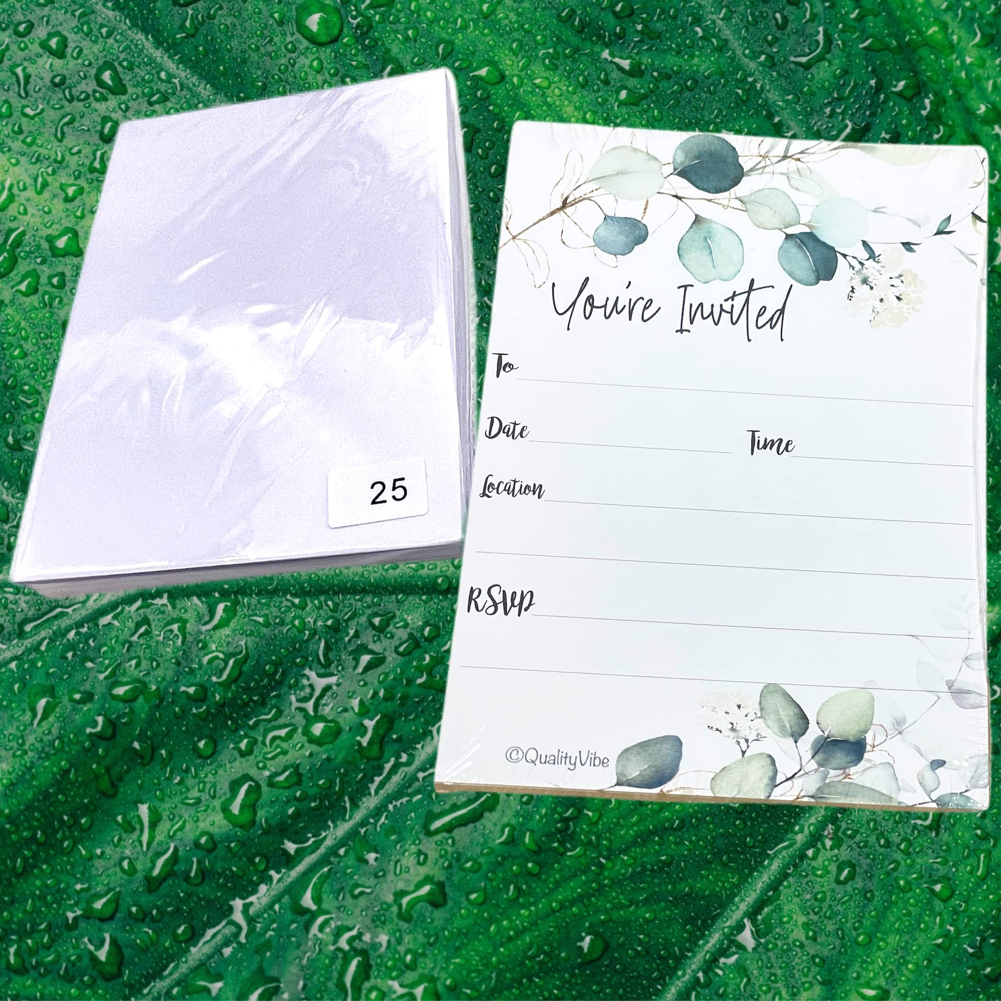 25 Greenery Eucalyptus Invitations with envelopes, you're invited For wedding, engagements, anniversay, retirement and housewarming parties. Thick & non coated cardstock for use with any pen.