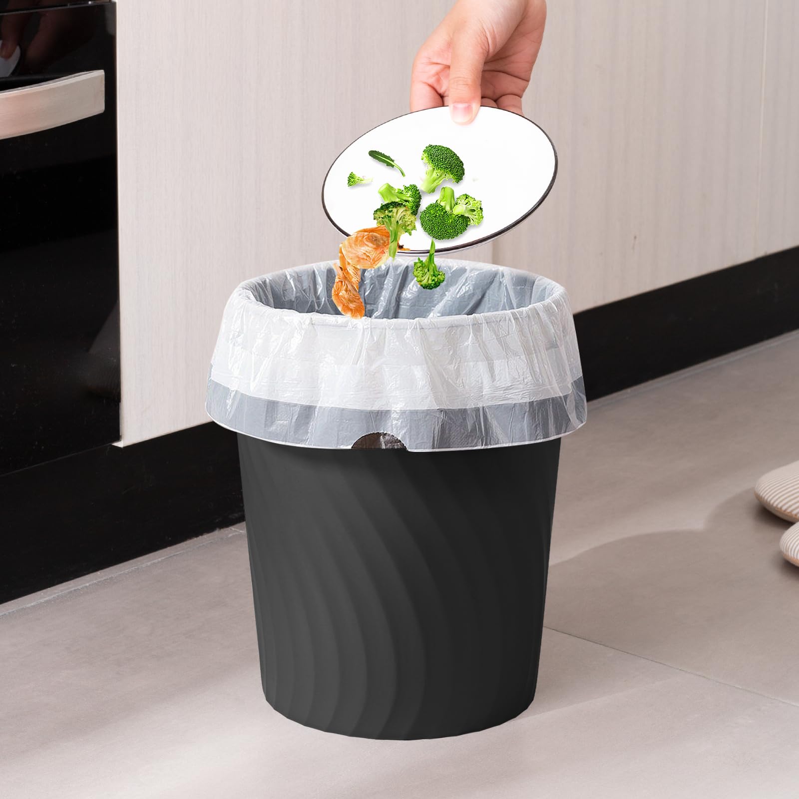 3 Pack Bathroom Trash Can, 3 Pack 1.8 Gallons Small Trash Can, Slim Waste Basket, Round Garbage Can, Plastic Trash Bin for Kitchen, Dorm, Bedroom, Office, Living Room, Study, Compact Spaces(Black)