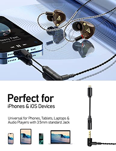 Audiovance Vibes 201ML Wired Earbuds in Ear Headphones with Mic, Lightning to 3.5mm Adapter & Braided Cord, Noise Isolating Bass Driven Earphones, Carry Case, Ear Buds Tips, 3.5mm Jack (Clear Brown)
