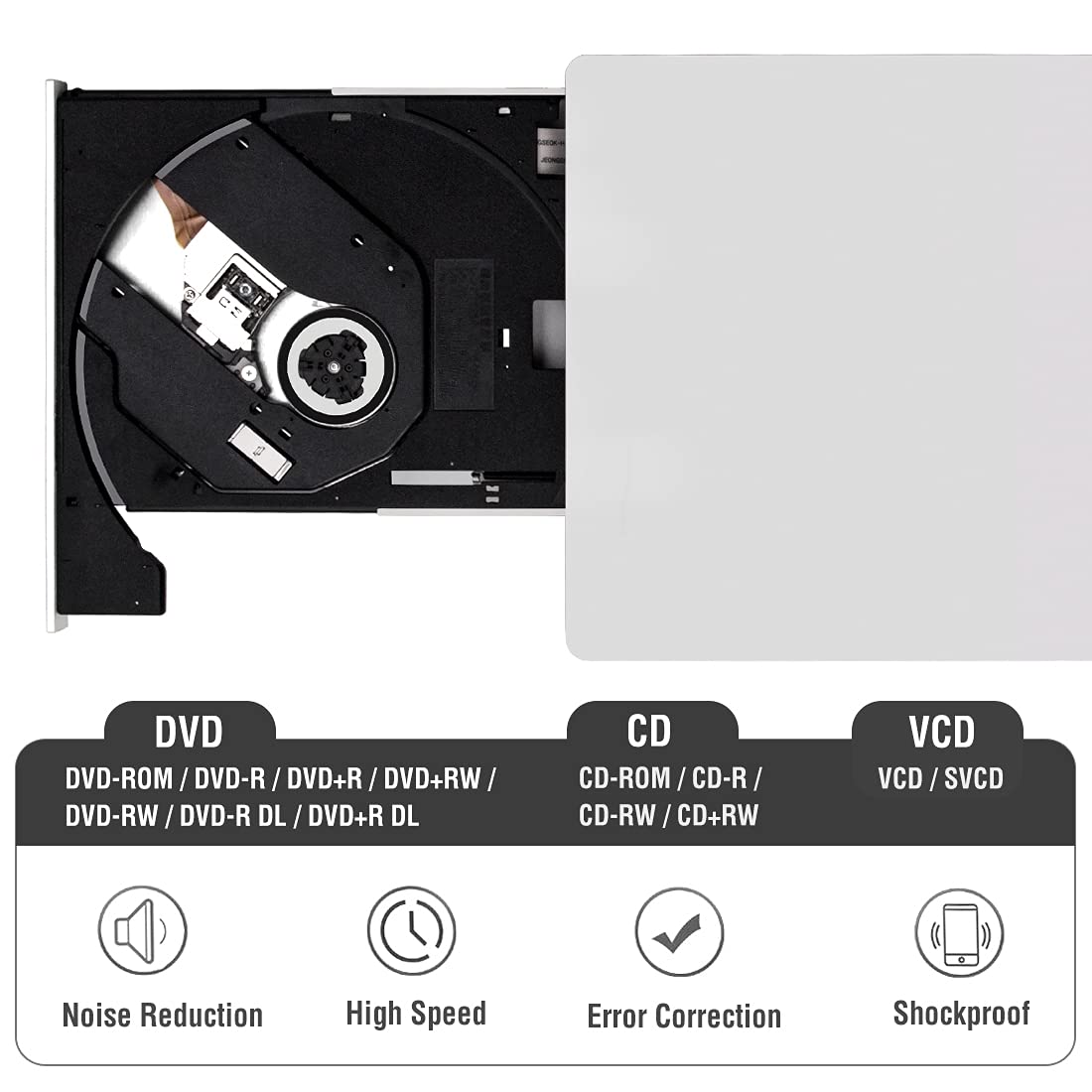 ROOFULL External CD/DVD Drive, CD Burner USB 3.0 Portable CD-ROM DVD+/-RW Disc Player Burner Reader Writer Optical Drive for Apple Mac MacBook Pro/Air, Windows 11/10 Laptop PC, Silver
