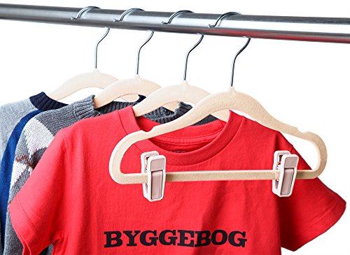 Finnhomy Non-Slip Clothes Hanger for Baby and Kids 30-Pack Velvet Hangers with 10 Finger Clips,Beige