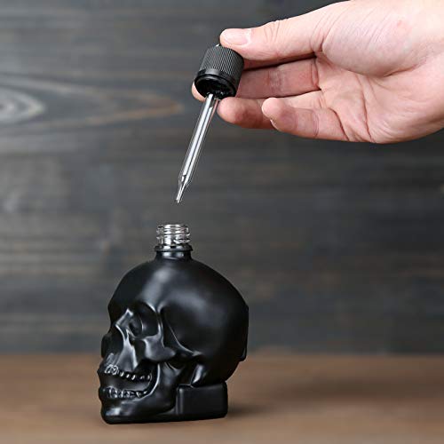 Tvoip 1Pcs Skull Bitter Bottle Glass Dropper Bottle 1OZ/30ML Skull Shape Bottle of Halloween, Cocktail Bar,Essential Oil Bottle with Pipette,Empty Refill Glass Bottle (1oz/30ml)