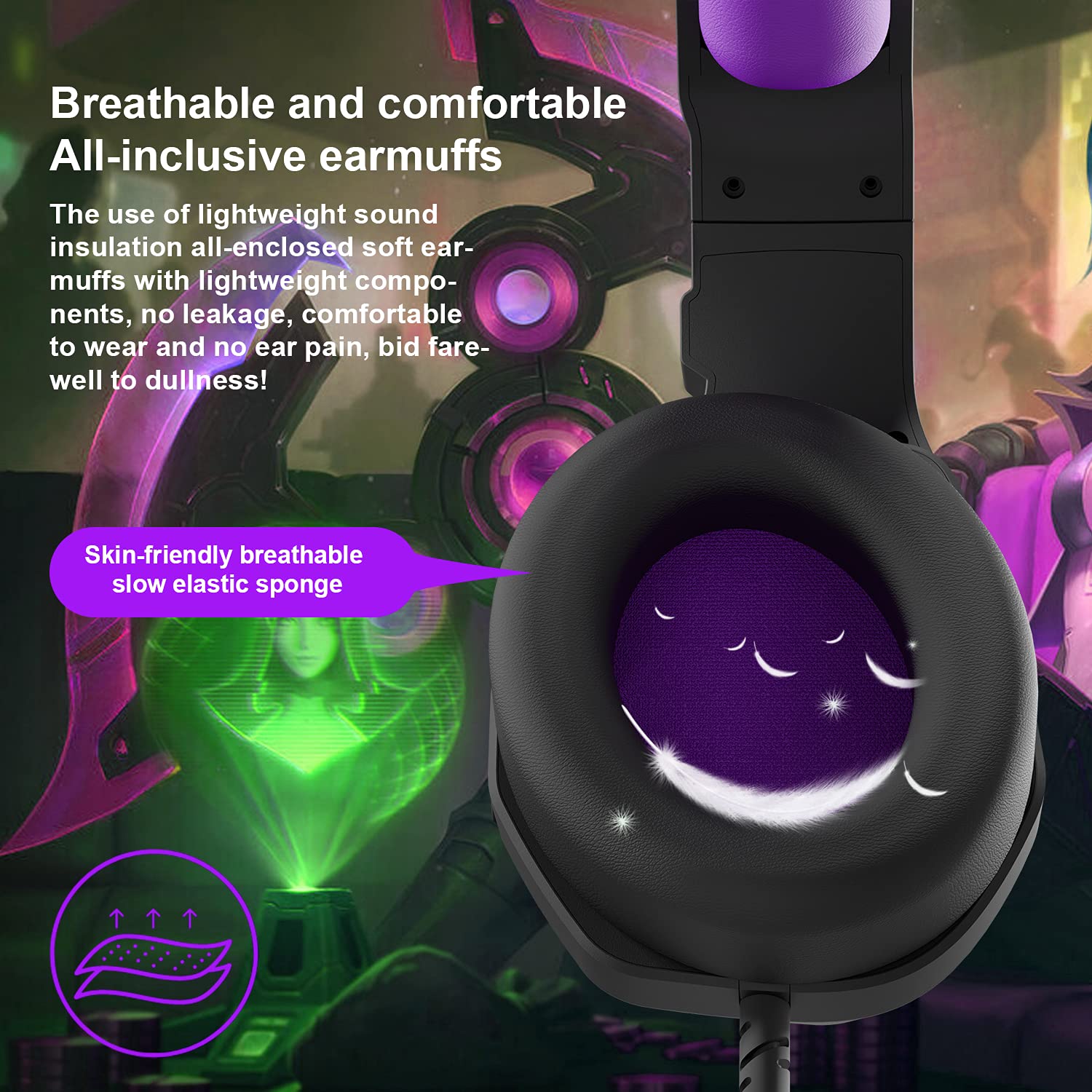 Anivia Over Ear Headphones Wired with Surround Sound, Bass, Volume-Control, Soft Memory Earmuffs for Multi-Platforms - 3.5mm Headsets Stereo Gaming Headset with Microphone - Black Purple