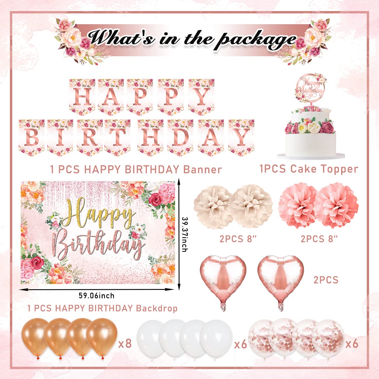 Haimimall 110 Pcs Boho Birthday Party Decorations Backdrop Pink Rose Gold Floral Balloons Happy Birthday Banner Tableware Set Include Plates Cups Cake Topper and Tablecloth for Baby Shower Girl Women