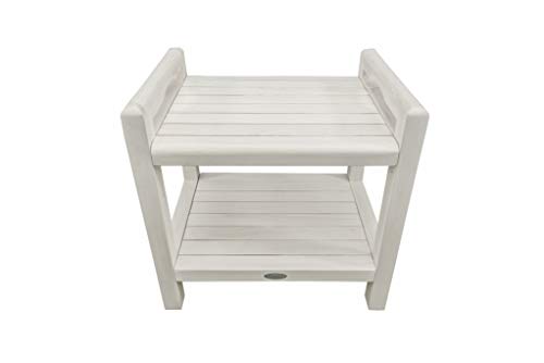 EcoDecors Coastal Vogue White Wash Eleganto 20" Teak Shower Stool with LiftAid Arms and Shelf