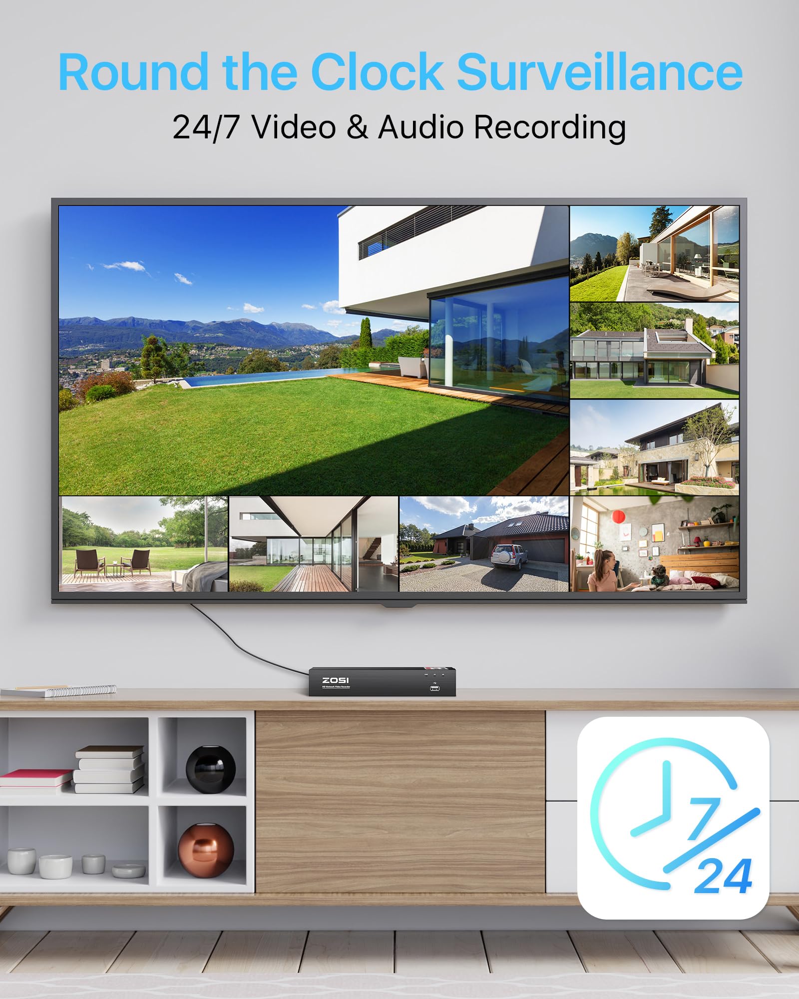 ZOSI H.265+ 4K PoE Home Security Camera System Outdoor Indoor,4K 8 Channel NVR with 2TB Hard Drive and 8pcs 8MP Surveillance PoE Cameras,100ft Night Vision,Motion Detection,for 24/7 Recording