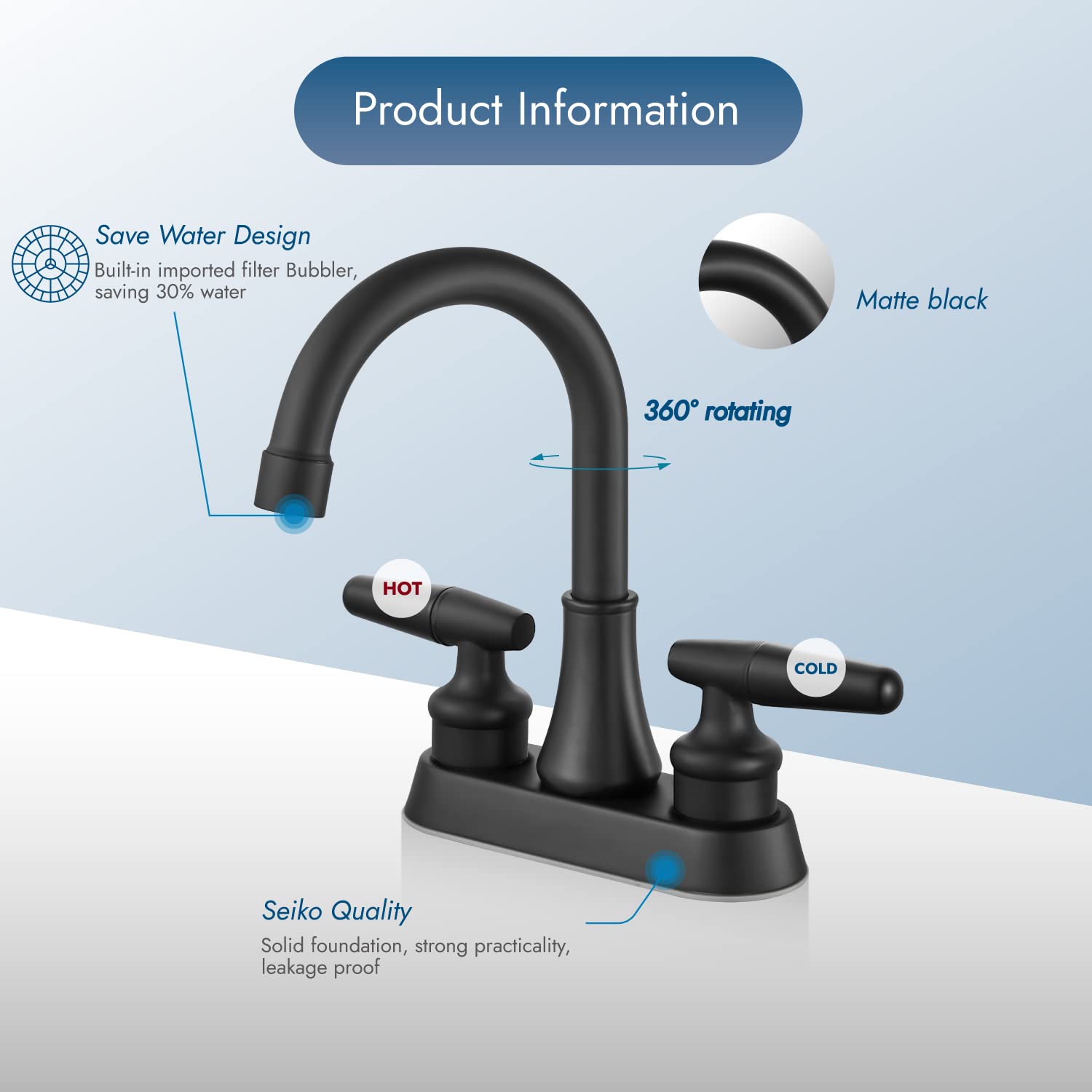 Cinwiny Bathroom Sink Faucet 4 Inch 2 Handle Lavatory Bathroom Vanity Faucets 360 Degree Swivel Spout Modern Deck Mount RV Bathroom Sink Faucet with Pop up Drain,Matte Black