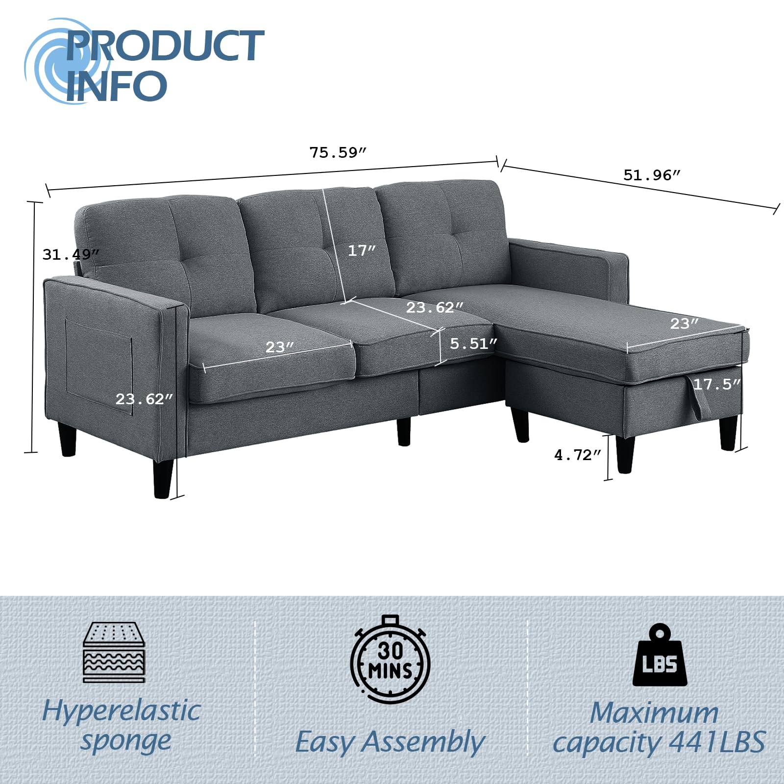 Sectional Sofa for Living Room 76inch Small Space Couches 3 Seater Sofa L shaped Chaise Loveseat Linen Fabric Comfy Couch Chairs with Reversible Ottoman Bench for Home, Apartment, Dorm, Office (Grey)