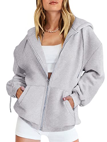 ANRABESS Women's Fashion Hoodies 2023 Fall Oversized Sweater Casual Jacket Cute Fleece Sweatshirts Y2k Long Sleeve Zip Up Y2k Clothes A989yanhui-S Light Grey