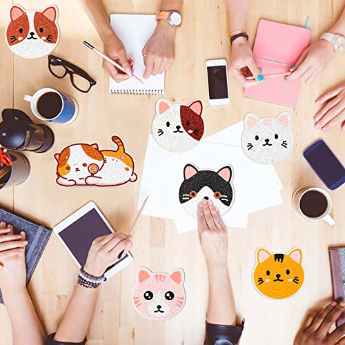 FEELOOK Diamond Painting Coasters with 3D Holder 6Pcs Cat Coasters DIY Diamond Art Crafts for Adults Kids and Beginners Art Craft Supplies Gift