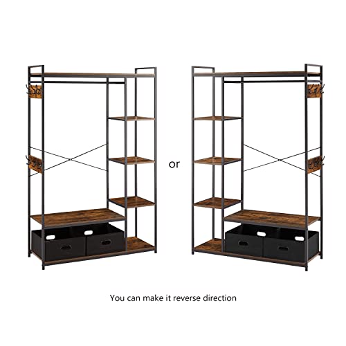AVGVLIJ Heavy Duty Garment Rack 43.7’’w x 15.75’’d x 70.08’’h, Free-Standing Closet System with Open Shelves and Hanging Rod (Rustic Brown + Particle Board)