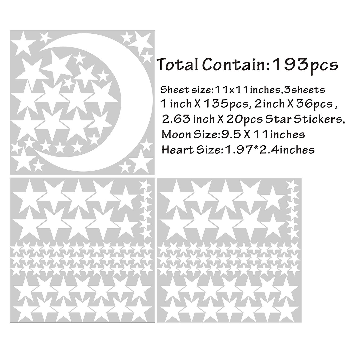 Easma Star Wall Decals (191stars+1moon+1heart) 3 Size White Stars and Moon Decals Removable Peel and Stick Stickers Fits Kids Room Decor