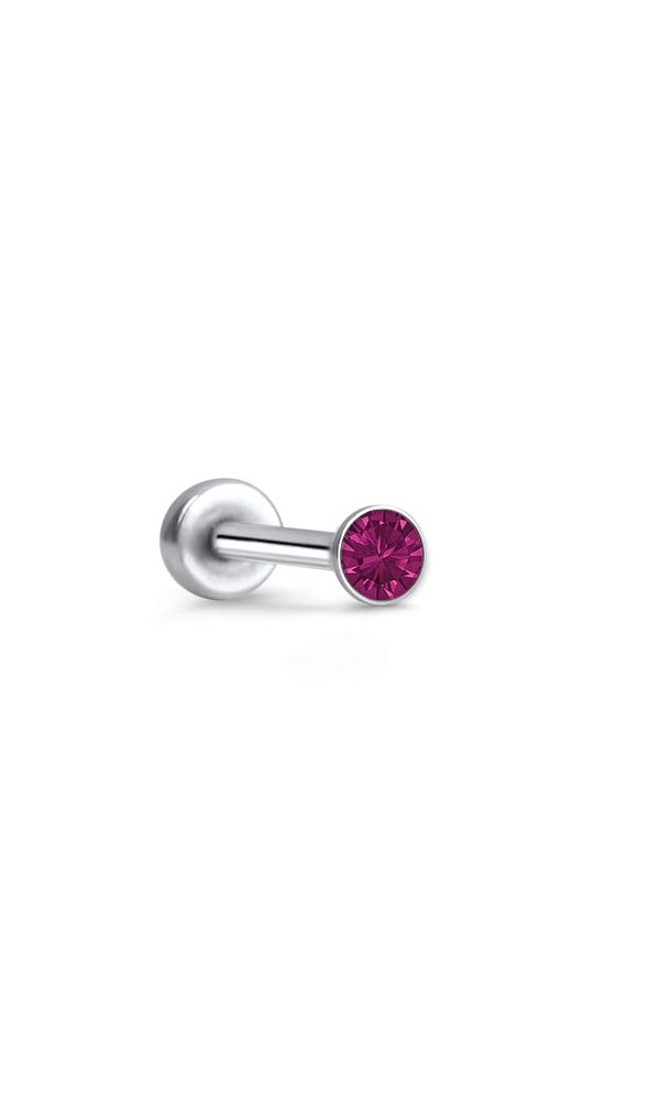 316 Stainless Steel Threadless Push Pin Nose Ring Labret Monroe Stud 1mm Glued Hot Pink CZ 18G