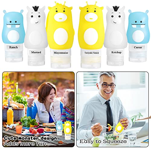 9 Pcs 6 Silicone Condiment Squeeze Bottles Squeeze Salad Dressing Bottles Portable Sauce Bottle Leak Proof Food Storage Bottles with Cleaning Brush Label Sticker Funnels for Lunch (Hippo, Horse, Deer)