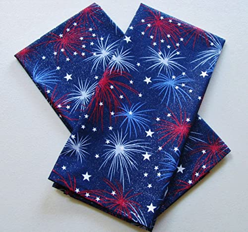 Fireworks & Stars Patriotic Cloth Napkins (Set of 2) Made in USA Patriotic Cotton Navy Blue/Red/White Glitter